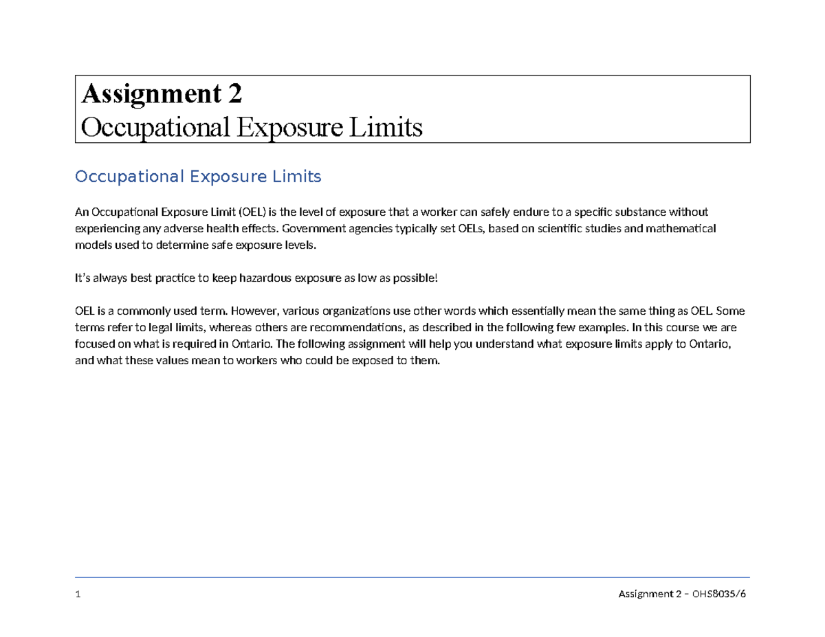 OHS8035 Assignment 2 - Occupational Exposure Limits - Assignment 2 Occupational Exposure Limits ...