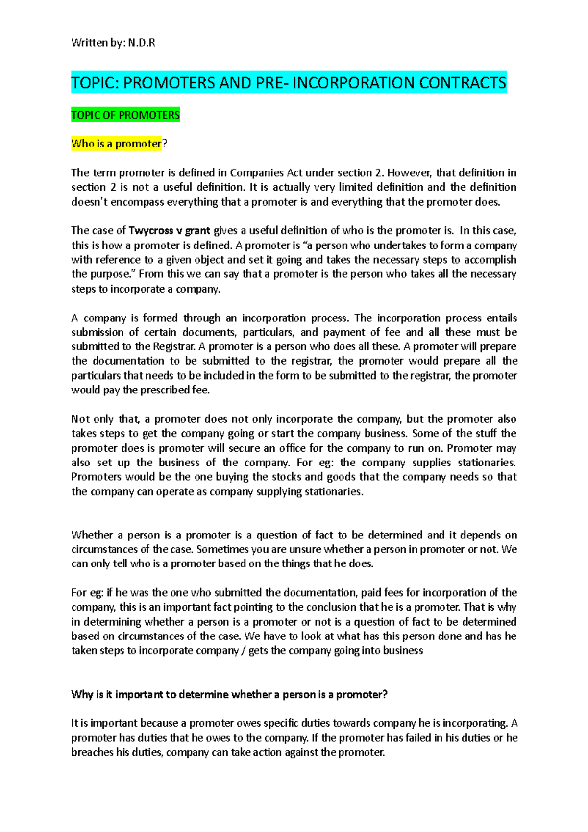 Notes for promoters and pre incorporation topic - TOPIC: PROMOTERS AND ...