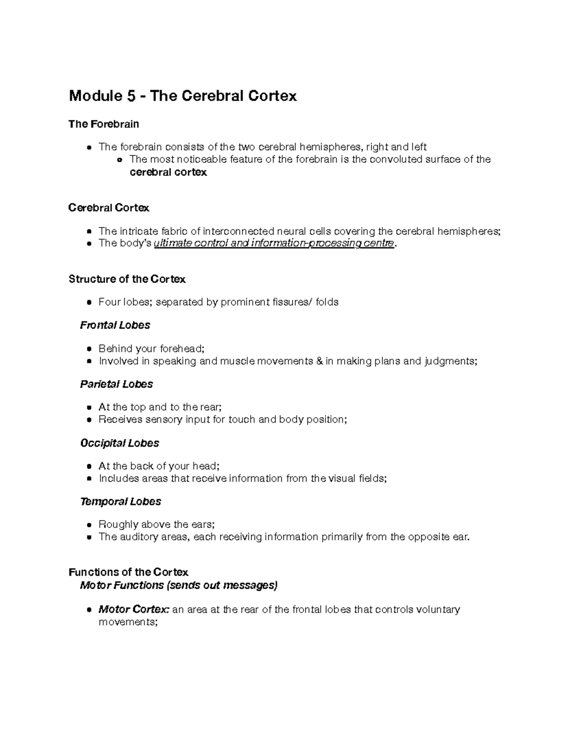 Module 5 - The Cerebral Cortex - Module 5 - The Cerebral Cortex The ...