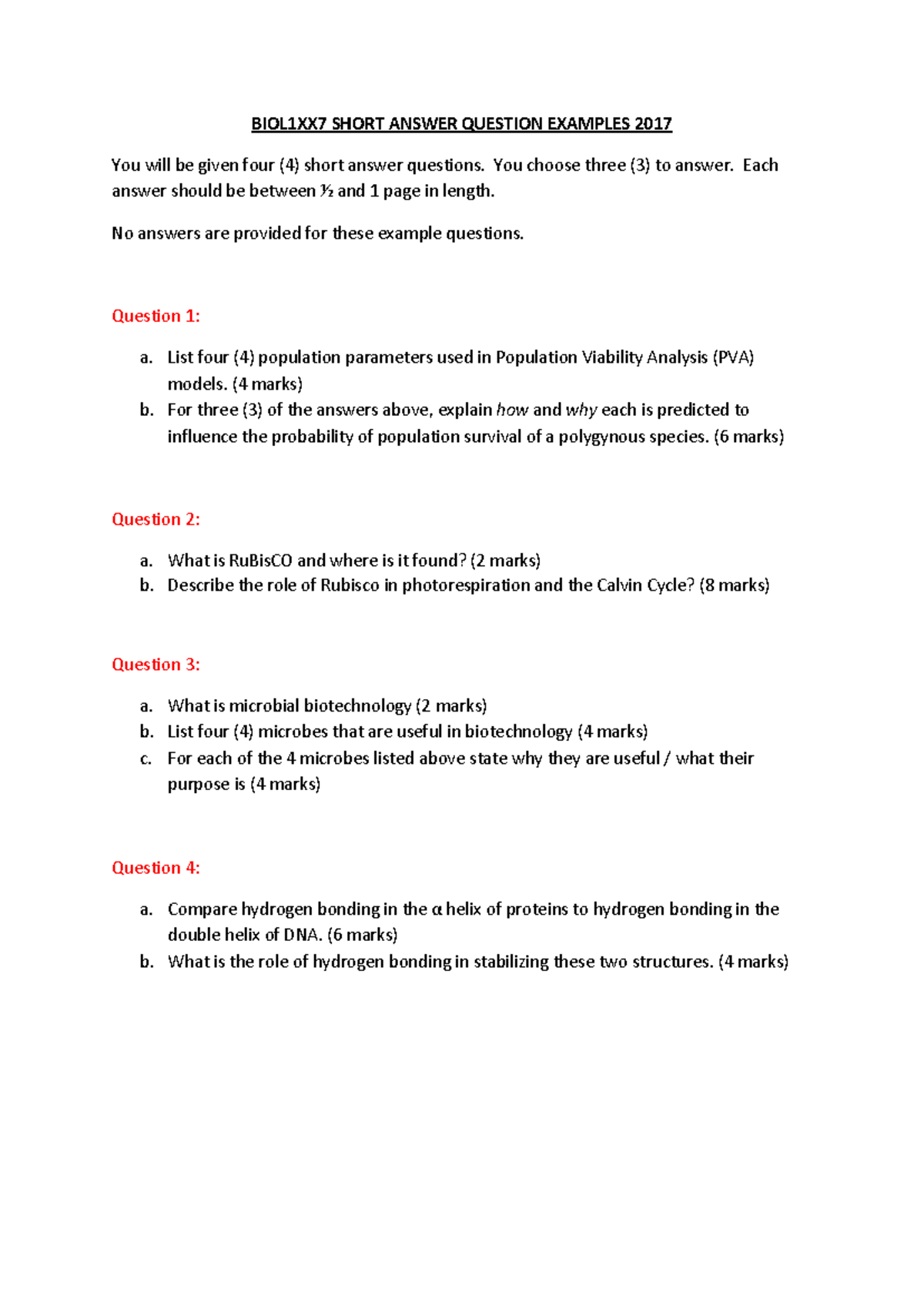 Sample/practice exam November 2017, questions - BIOL1XX7 SHORT ANSWER ...