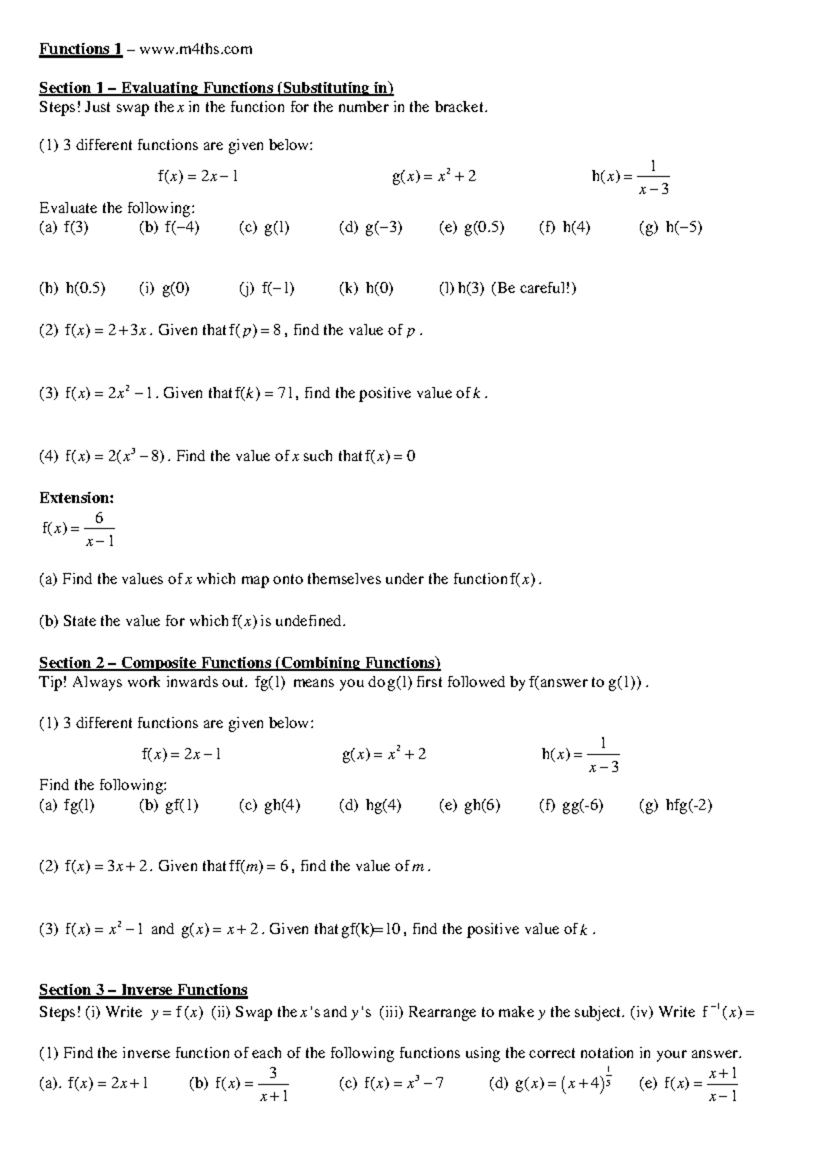 421 - Practice worksheet - Functions 1 – m4ths Section 1 – Evaluating ...