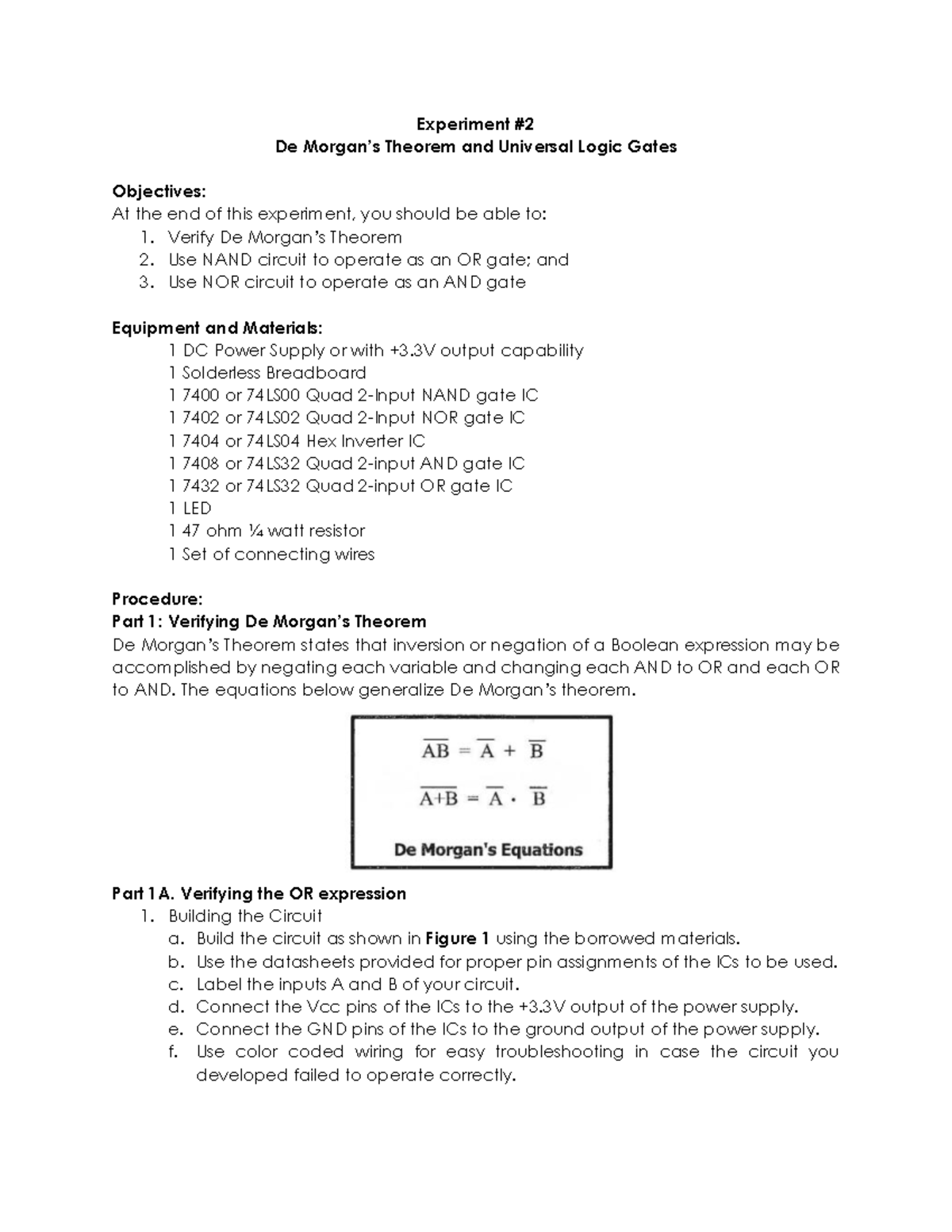 Experiment 2 - De Morgans Theorem and Universal Logic Gates ...