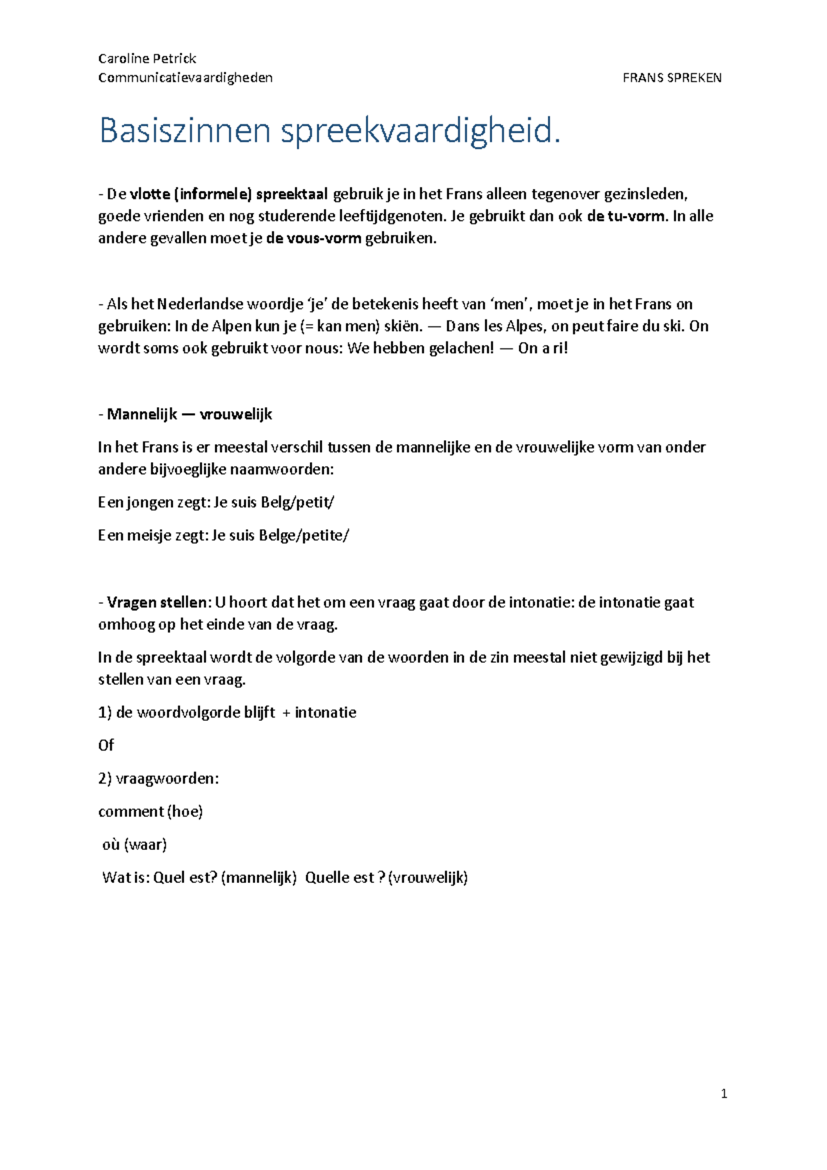 Basiszinnen spreekvaardigheid Frans - Communicatievaardigheden FRANS ...