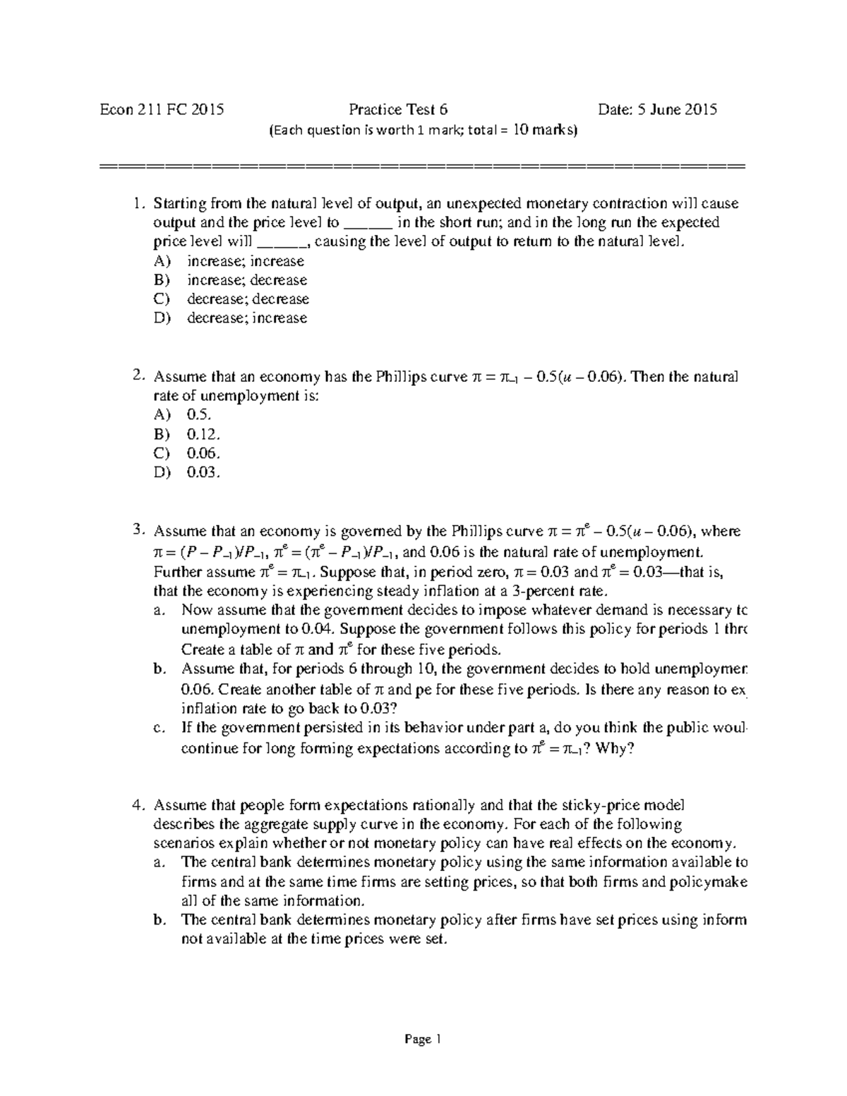 Practice test 8 (with answers) - Page 1 Econ 211 FC 2015 Practice Test ...