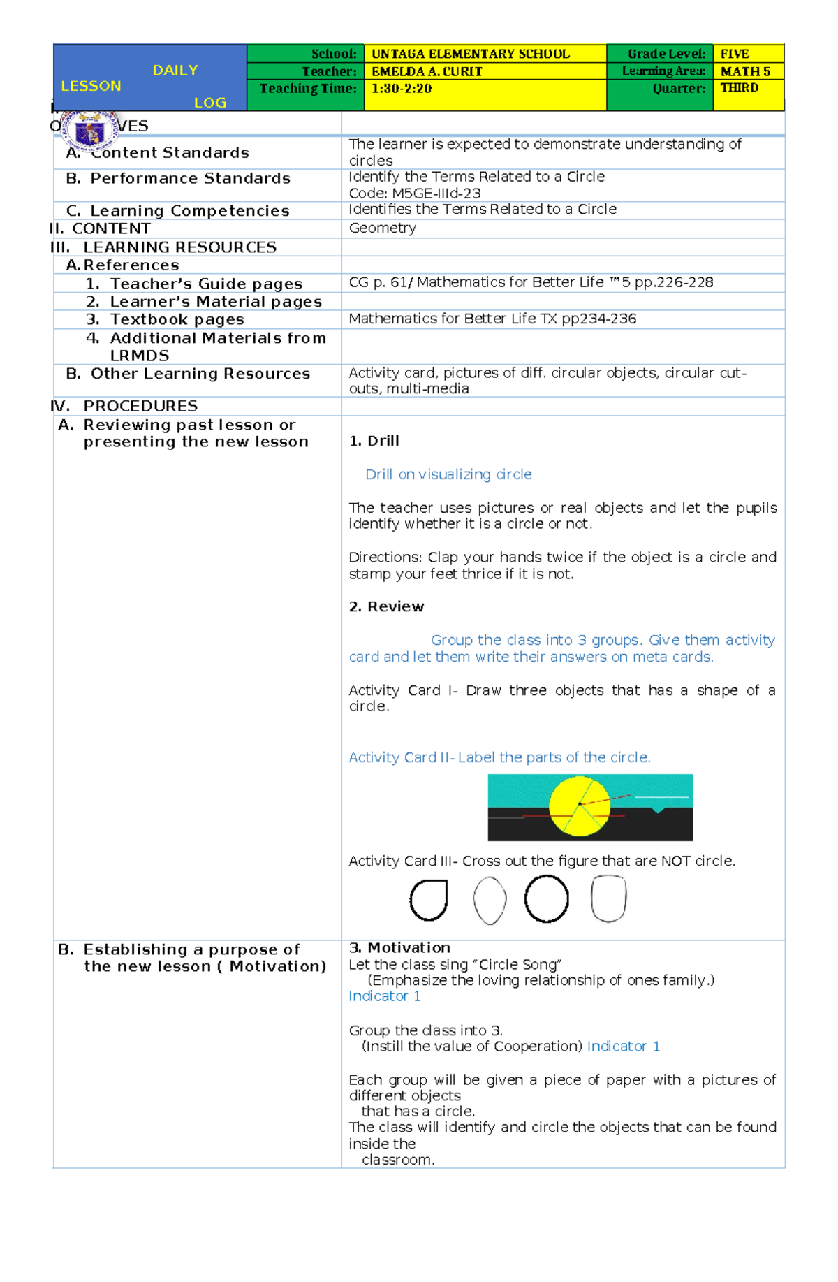 Q3 MATH 5 COT DLP Circle - Lesson plan - I. OBJECTIVES A. Content ...