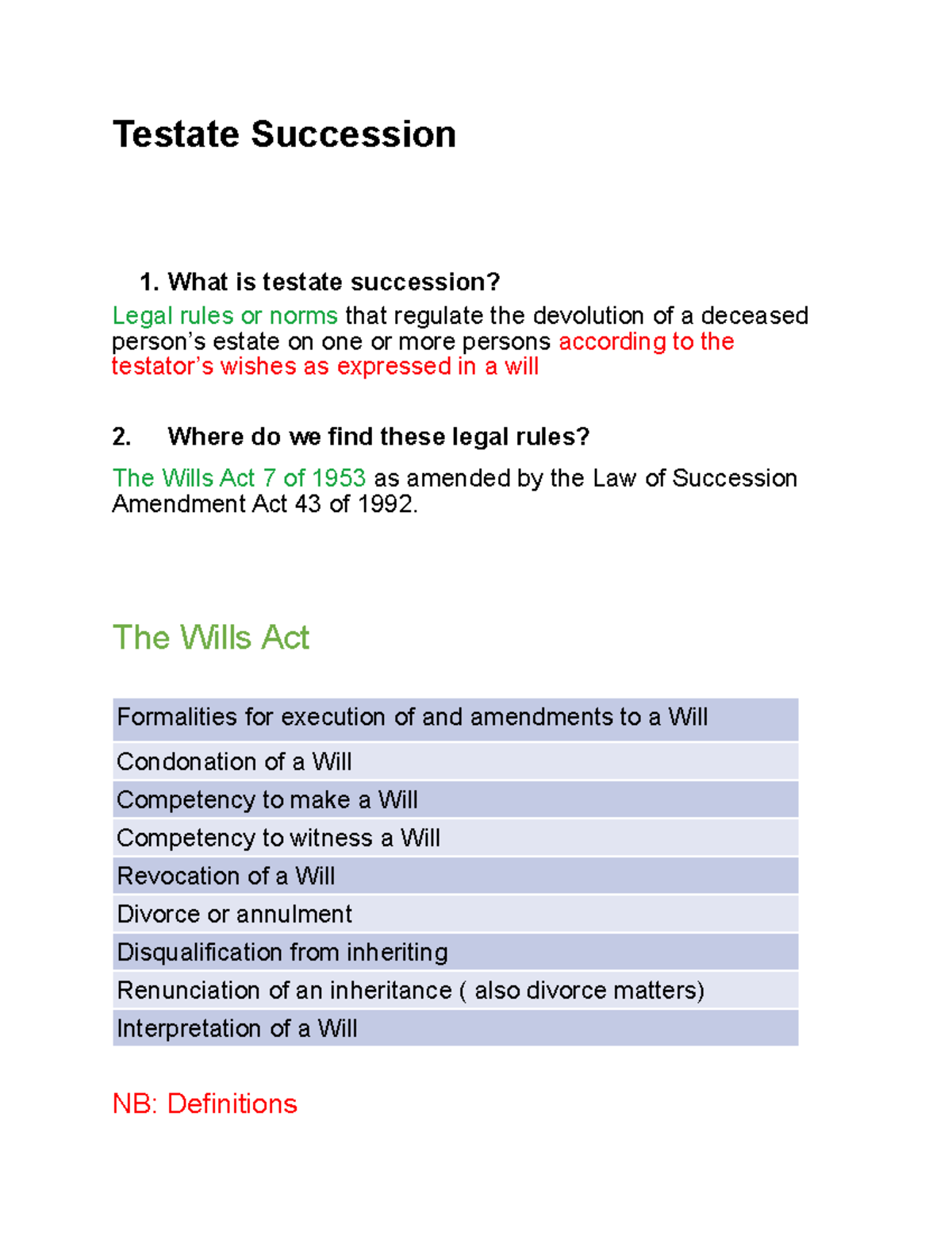 Law of Sucession Term 2 - Term 1 Intestate Succession & law of ...