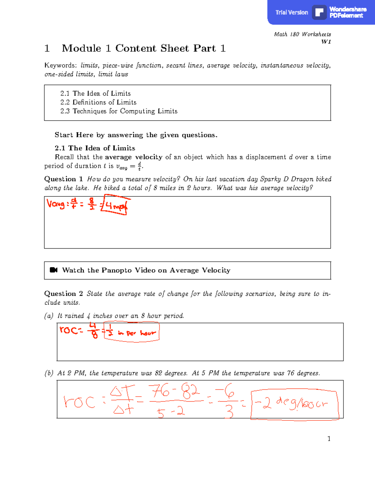 Modules 1 Part 1 - W 1 Module 1 Content Sheet Part 1 Keywords: limits ...