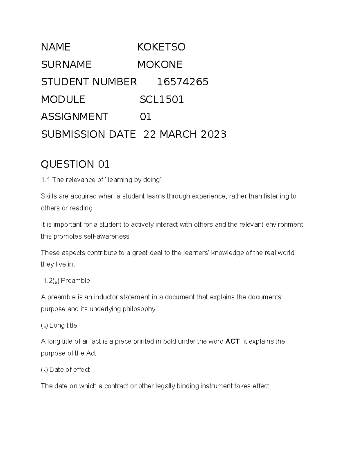 Scl asignment 01 Complete - NAME KOKETSO SURNAME MOKONE STUDENT NUMBER ...