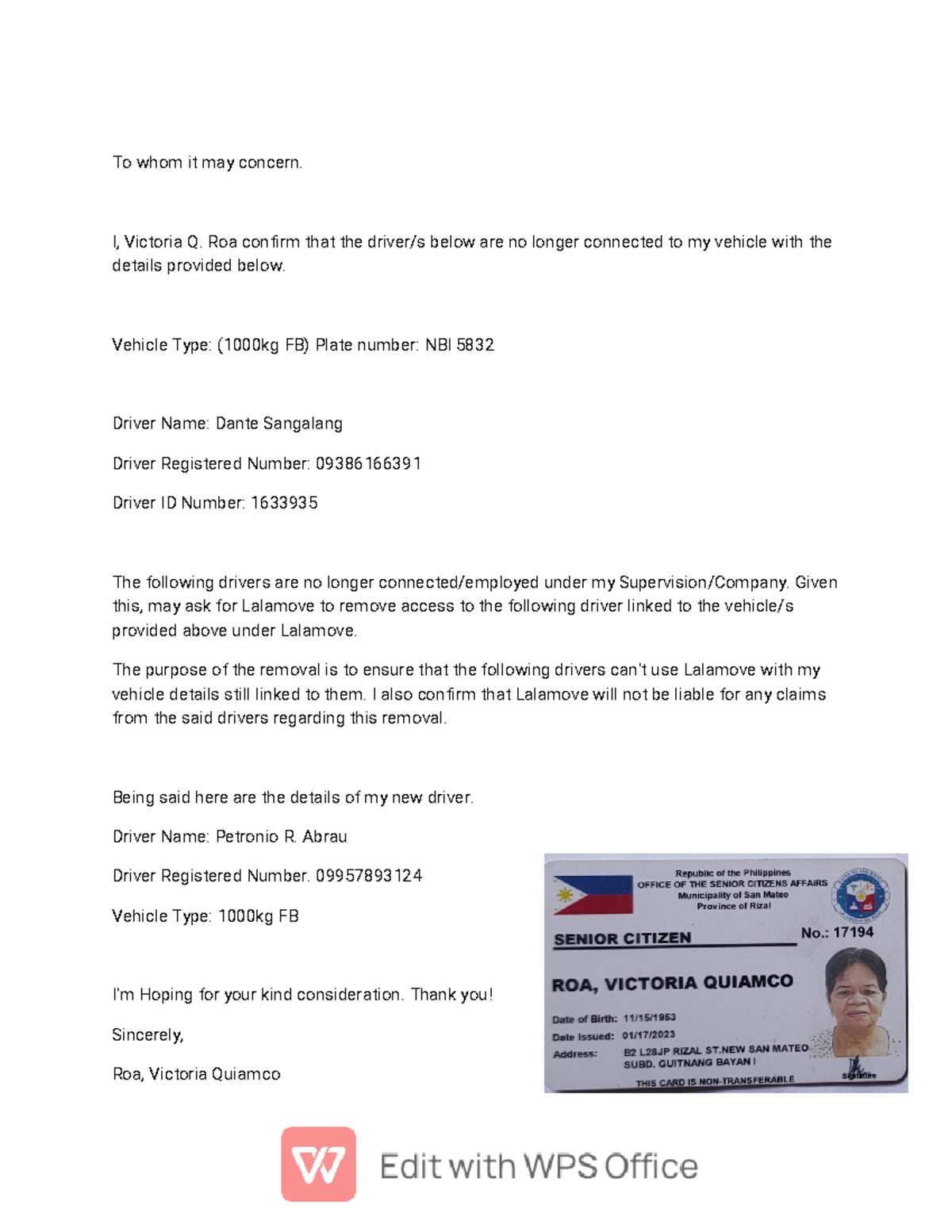 Revoking Letter - Notes - To whom it may concern. I, Victoria Q. Roa ...