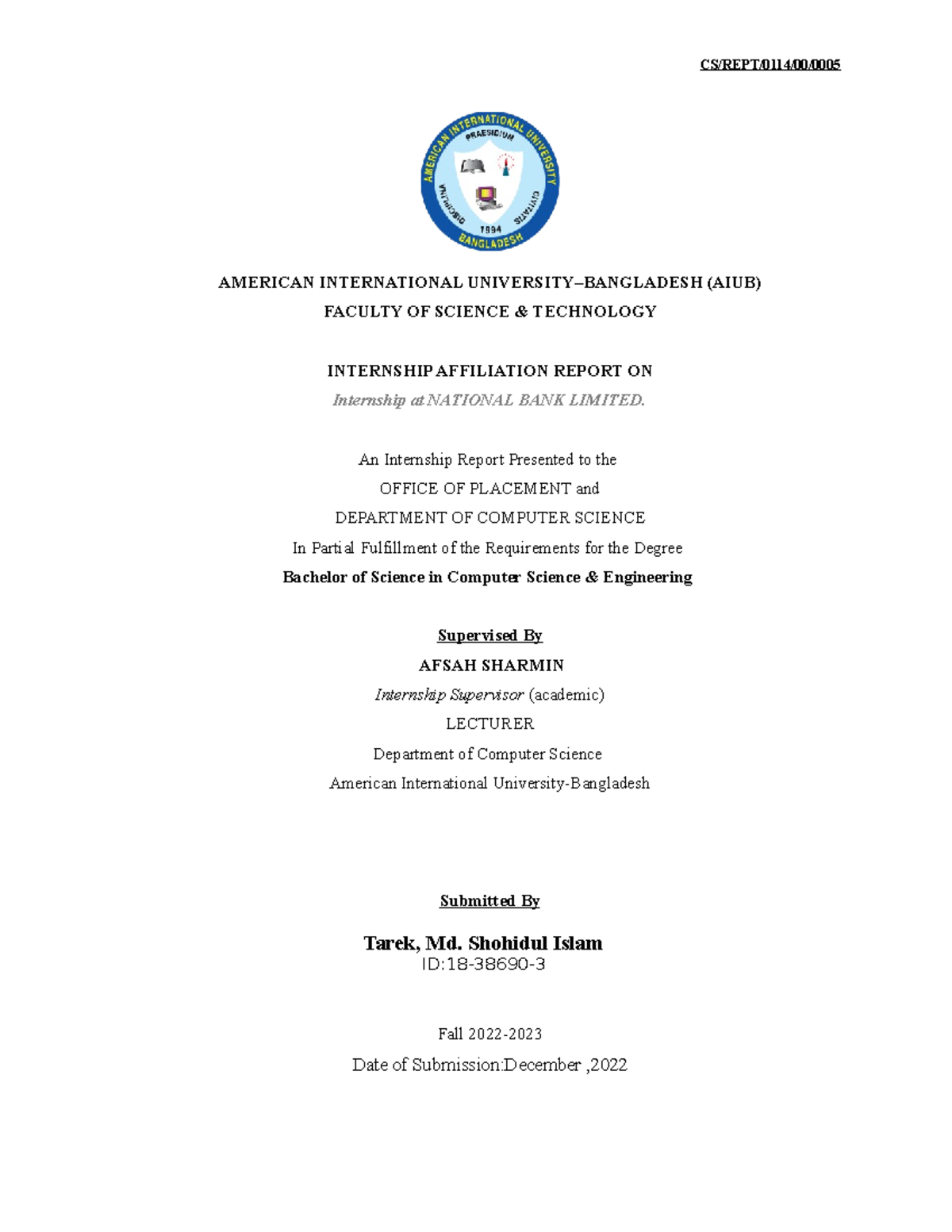 Internship Report (18-38690-3) - CS/REPT/0114/00/ AMERICAN ...