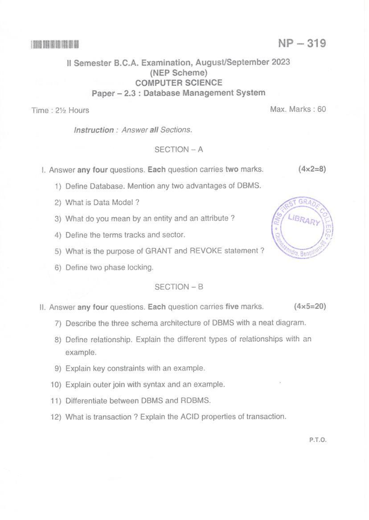 Database Management System - NP 319 II Semester B.C. Examination, 2023 ...