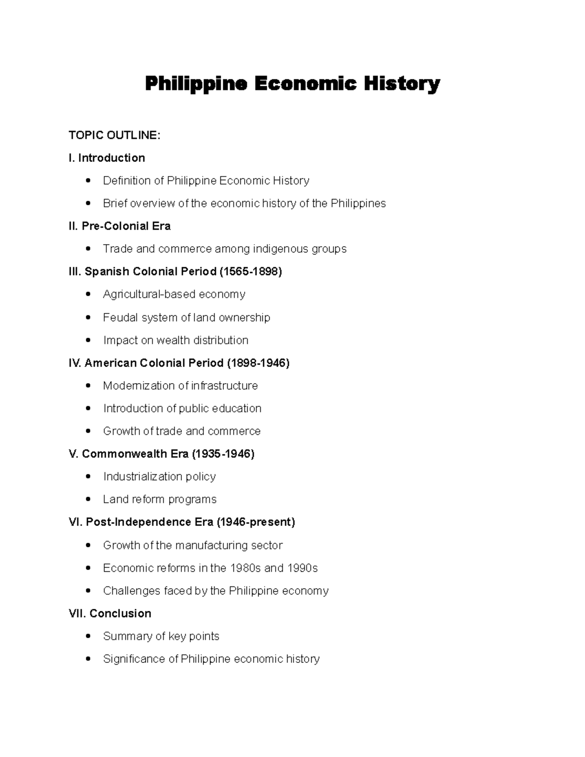 Philippine Economic History - Philippine Economic History TOPIC OUTLINE ...