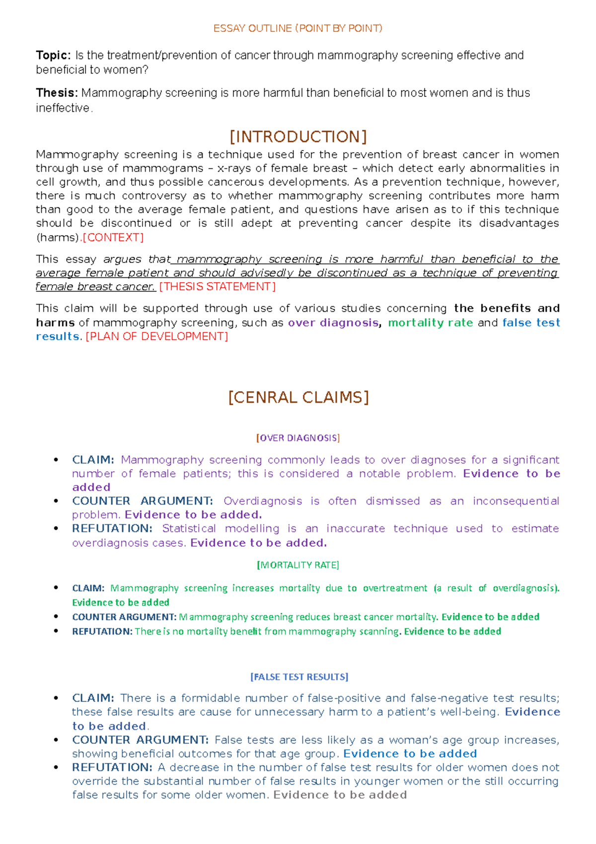 Example 1a Essay Outline - ESSAY OUTLINE (POINT BY POINT) Topic: Is the ...