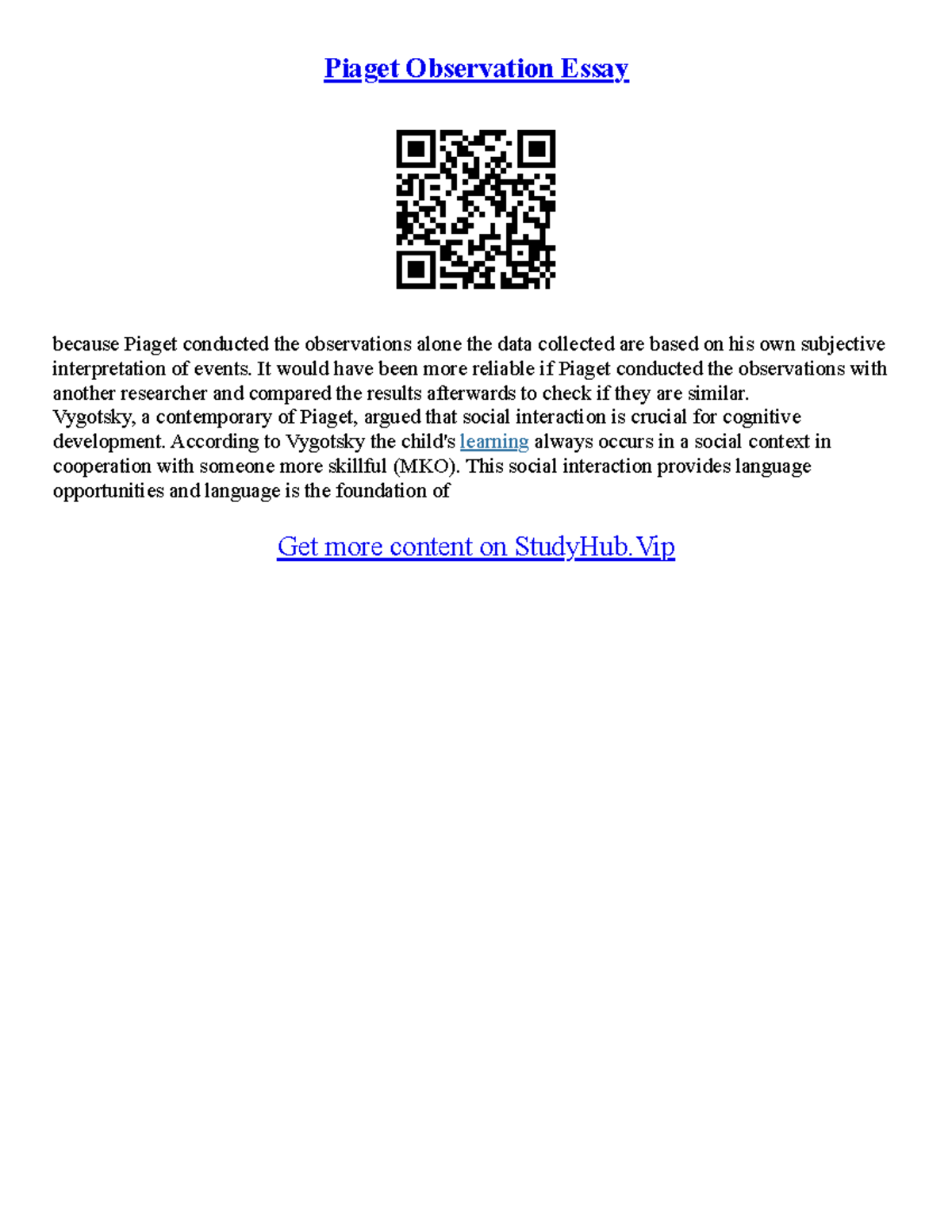 Piaget Essay Piaget Essay - Piaget Observation Essay because Piaget ...