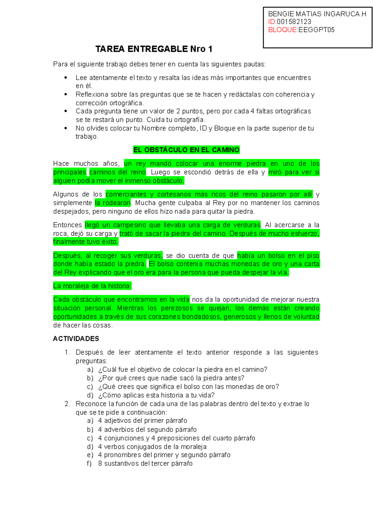 Tarea Entregable 1 - TAREA ENTREGABLE Nro 1 Para el siguiente trabajo debes tener en cuenta las ...