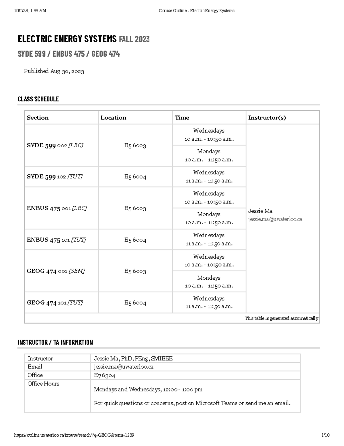 SYDE 599 - Course Outline - 2023/24 - ELECTRIC ENERGY SYSTEMS FALL 2023 ...
