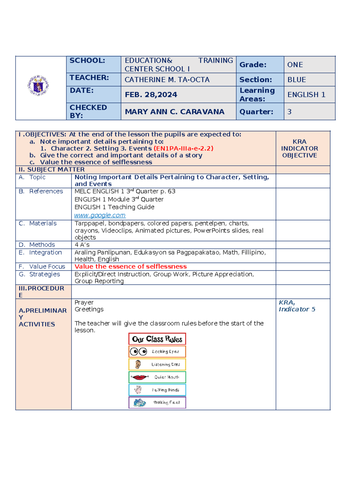 Lesson Plan for Grade 1 - SCHOOL: EDUCATION& TRAINING CENTER SCHOOL I ...