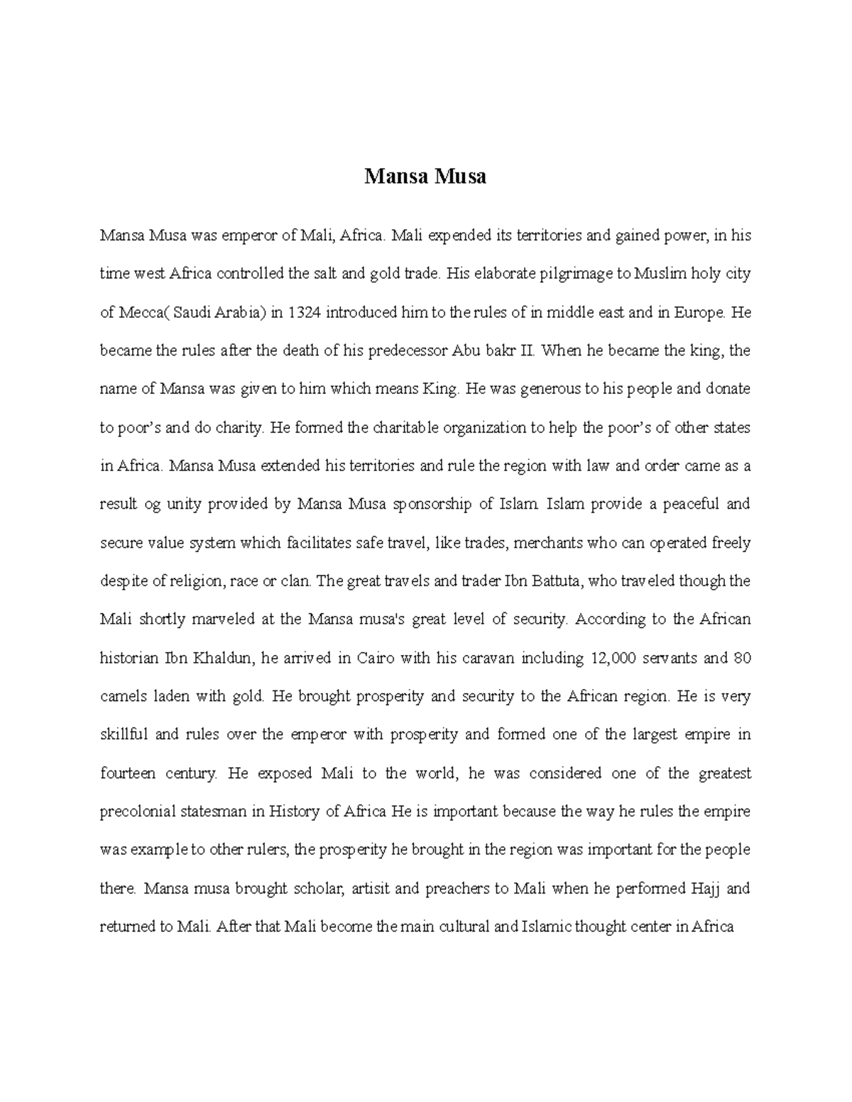 Mansa Musa - summary - Mansa Musa Mansa Musa was emperor of Mali ...