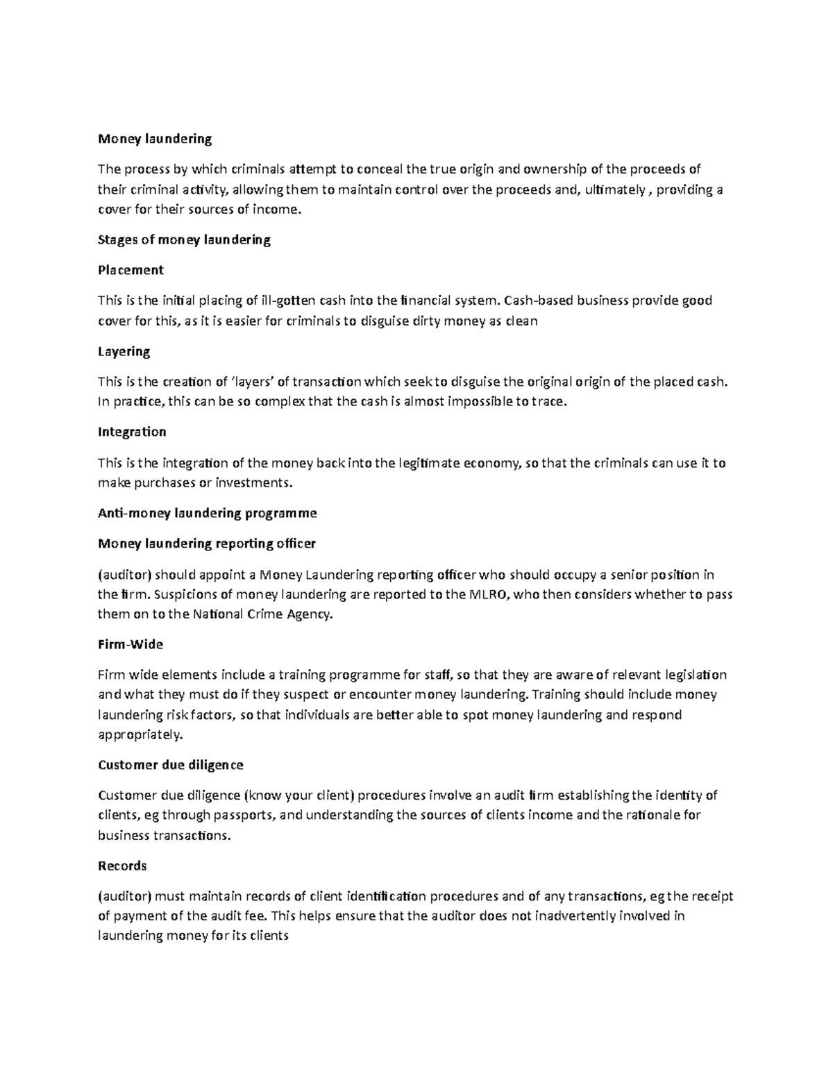 AAA brief notes ( taken from answers) - Money laundering The process by ...