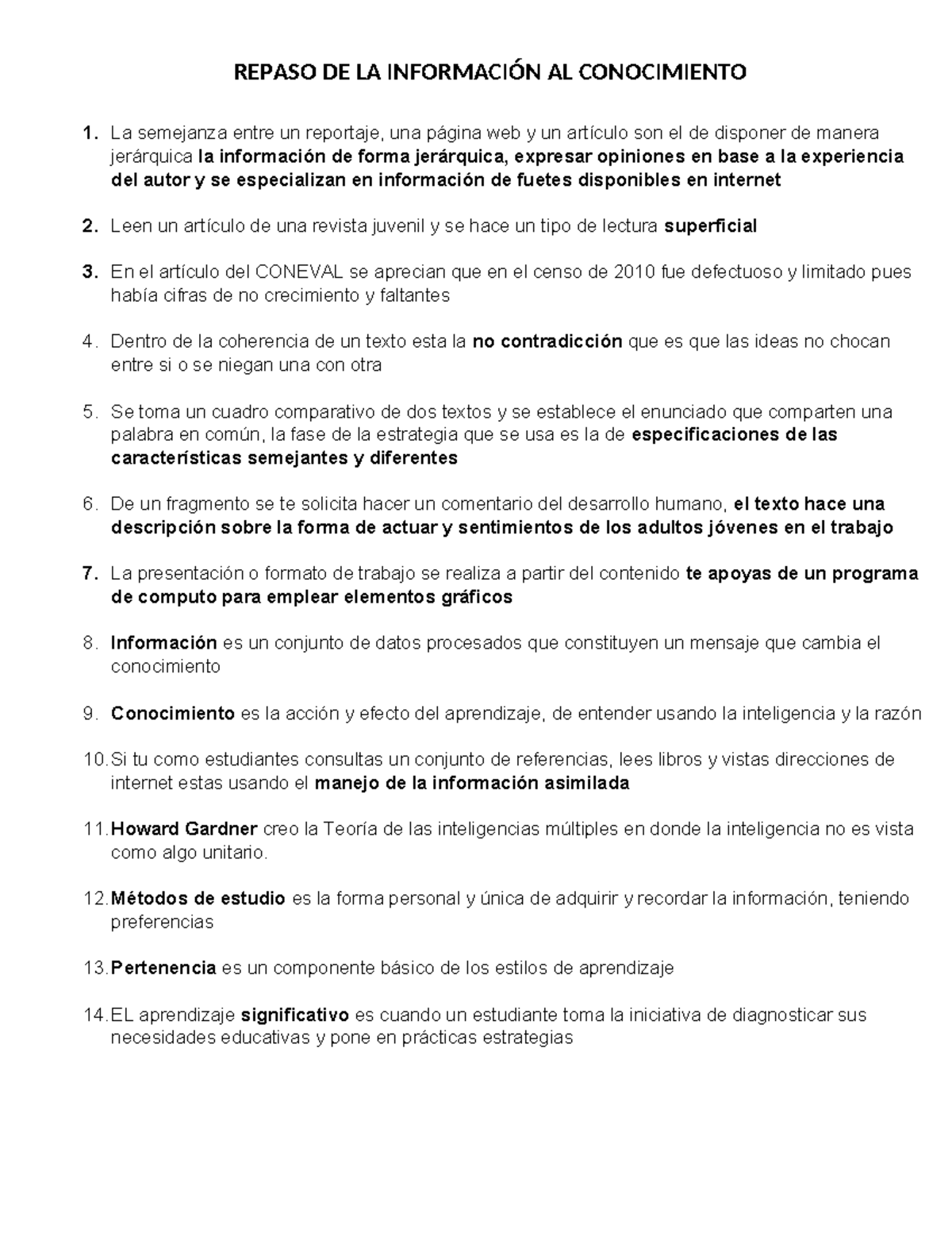 Repaso de la Información la Conocimiento - REPASO DE LA INFORMACIÓN AL ...