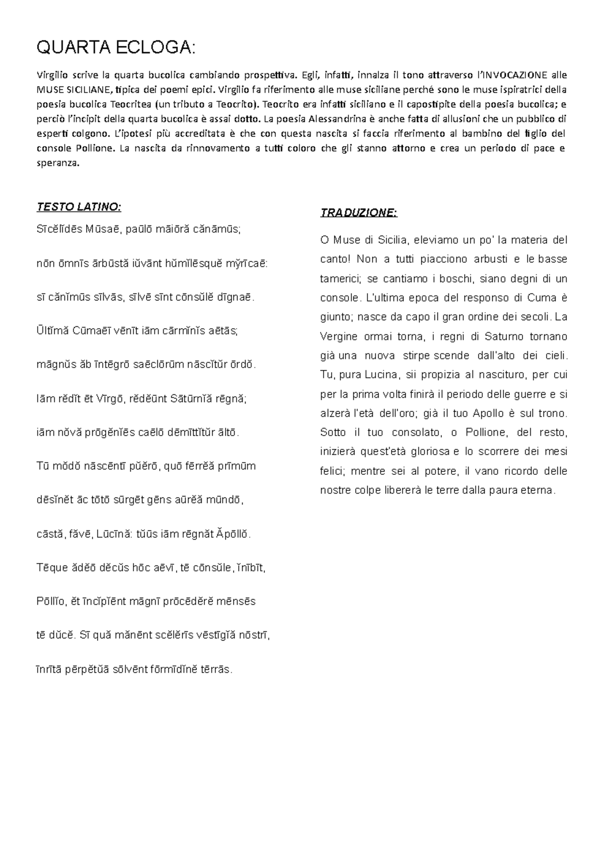 Latino- Quarta bucolica introduzione - QUARTA ECLOGA: Virgilio scrive ...