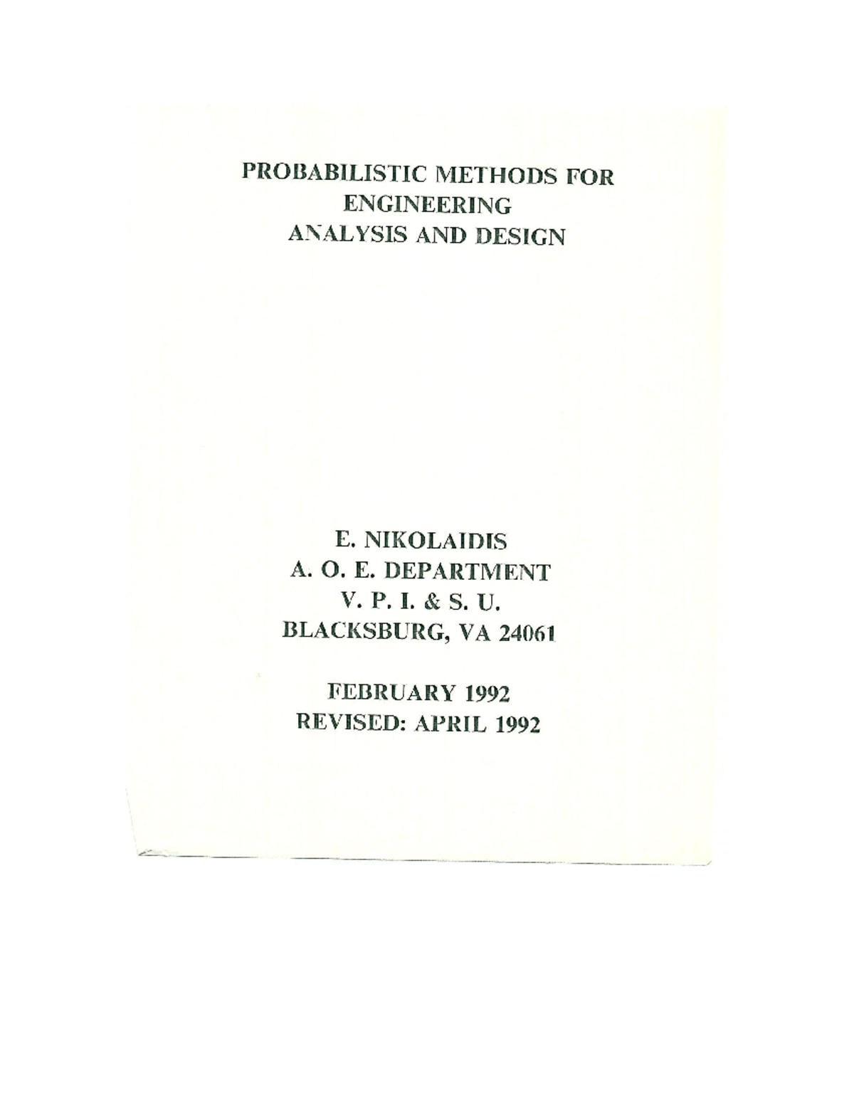 1-Outline - notes - PROBABILISTIC METHODS FOR ENGINEERING ANALYSIS AND ...
