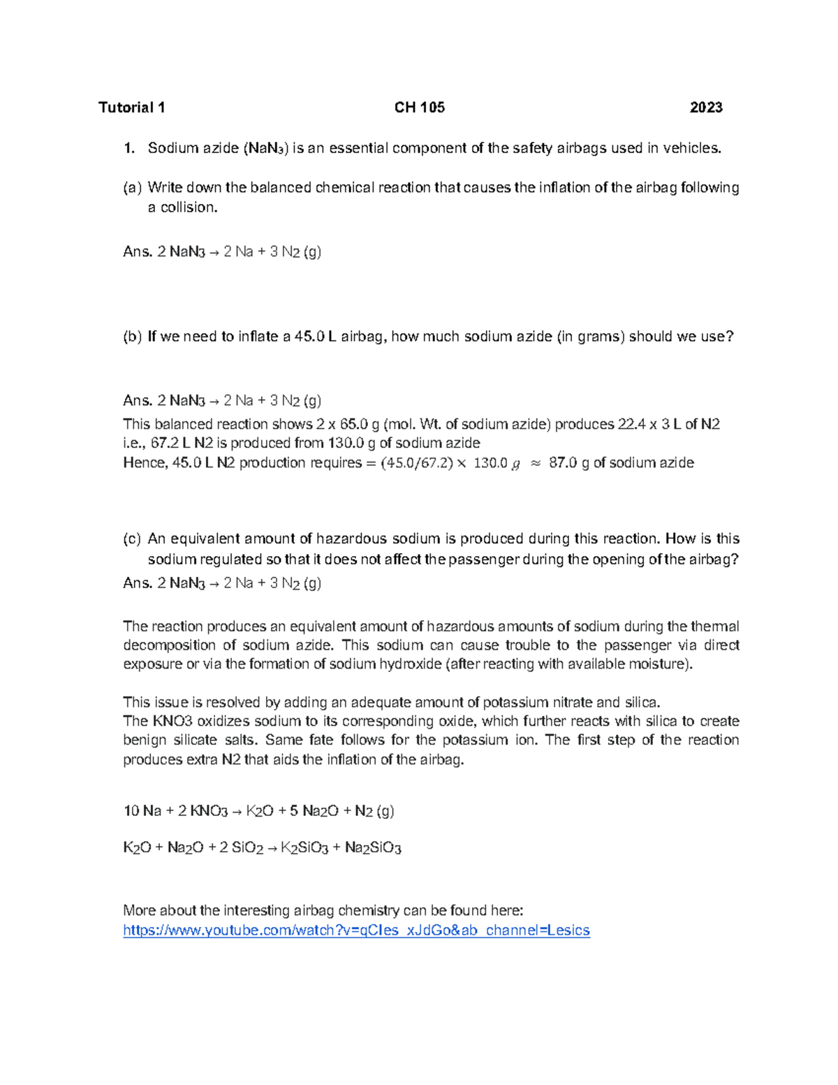 CH105 Tutorial 1 2023 solutions - Tutorial 1 CH 105 2023 1. Sodium azide (NaN 3 ) is an ...