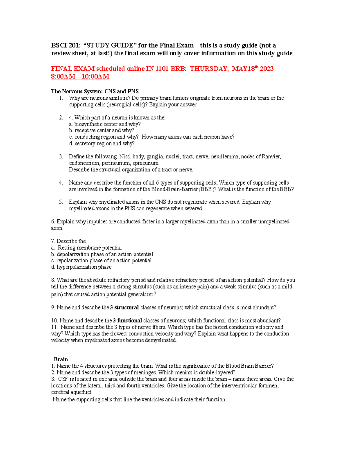 BSCI201 Final EXAM Study Guide - BSCI 201: “STUDY GUIDE” for the Final ...