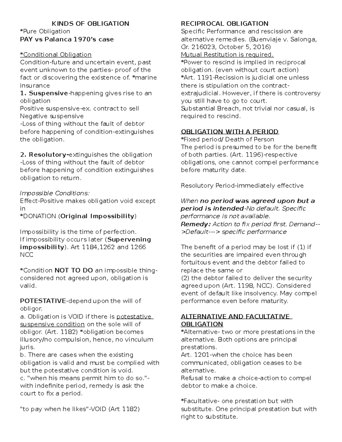 Kinds OF Obligation - Civil Law notes - KINDS OF OBLIGATION *Pure ...