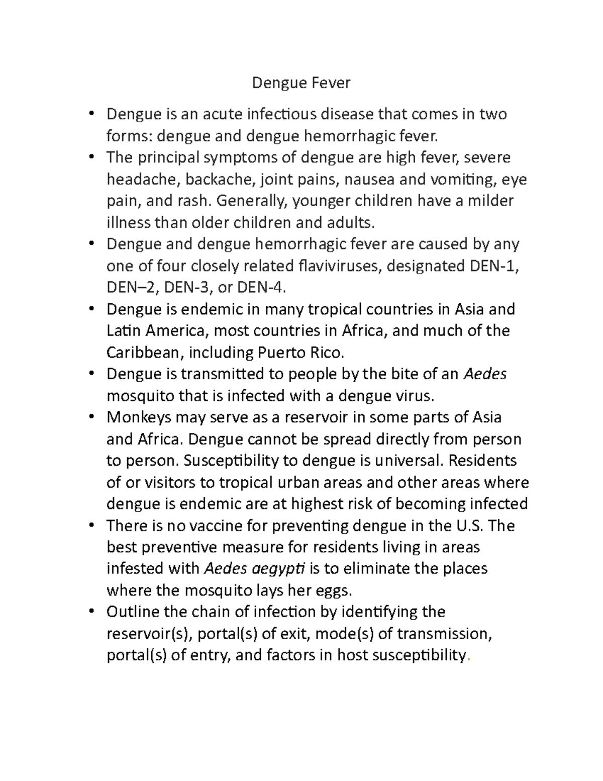 Dengue Fever exercise - practice material to use for U.S healthcare ...