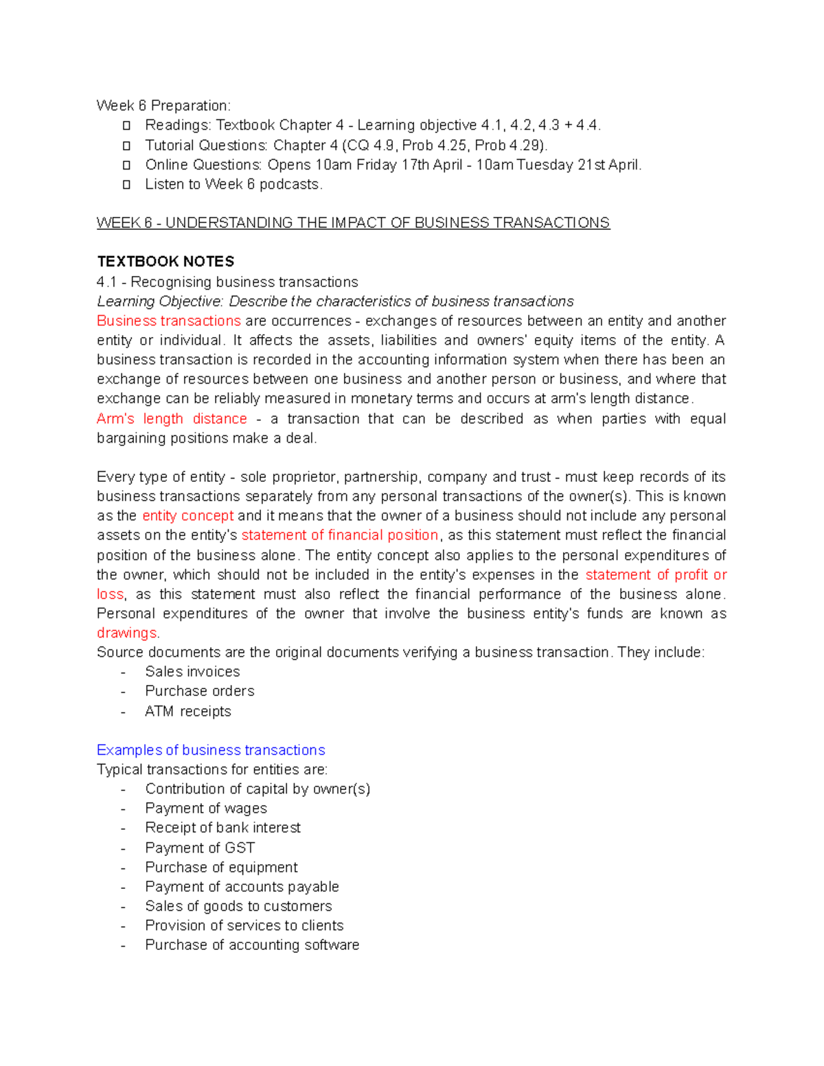 Week 6 - Impact of Business Transactions Notes - 200972 - UWS - Studocu