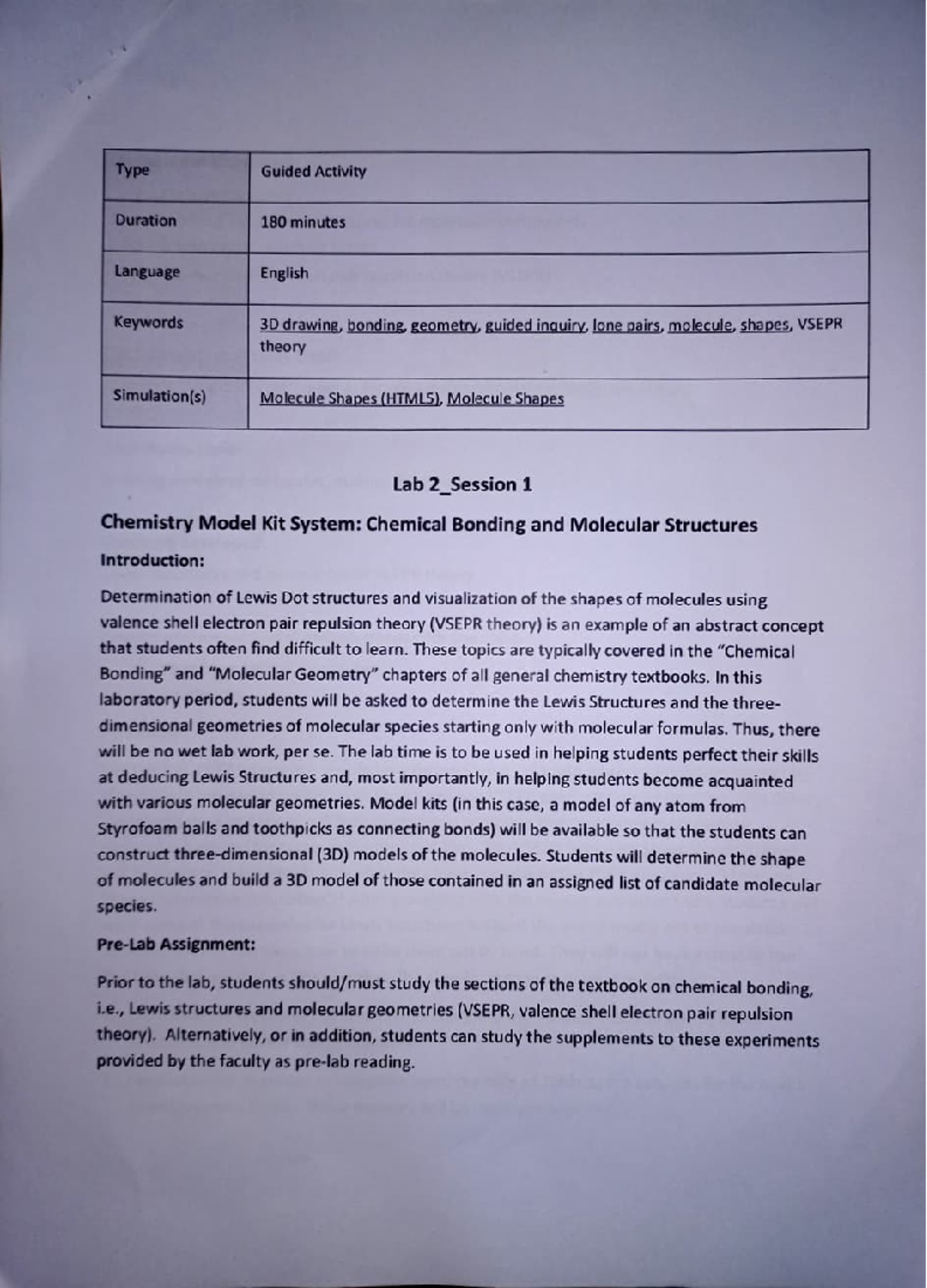 02 Lab Report - Molecular Structure - Type Duration Language Keywords Simulation(s) Introduction ...