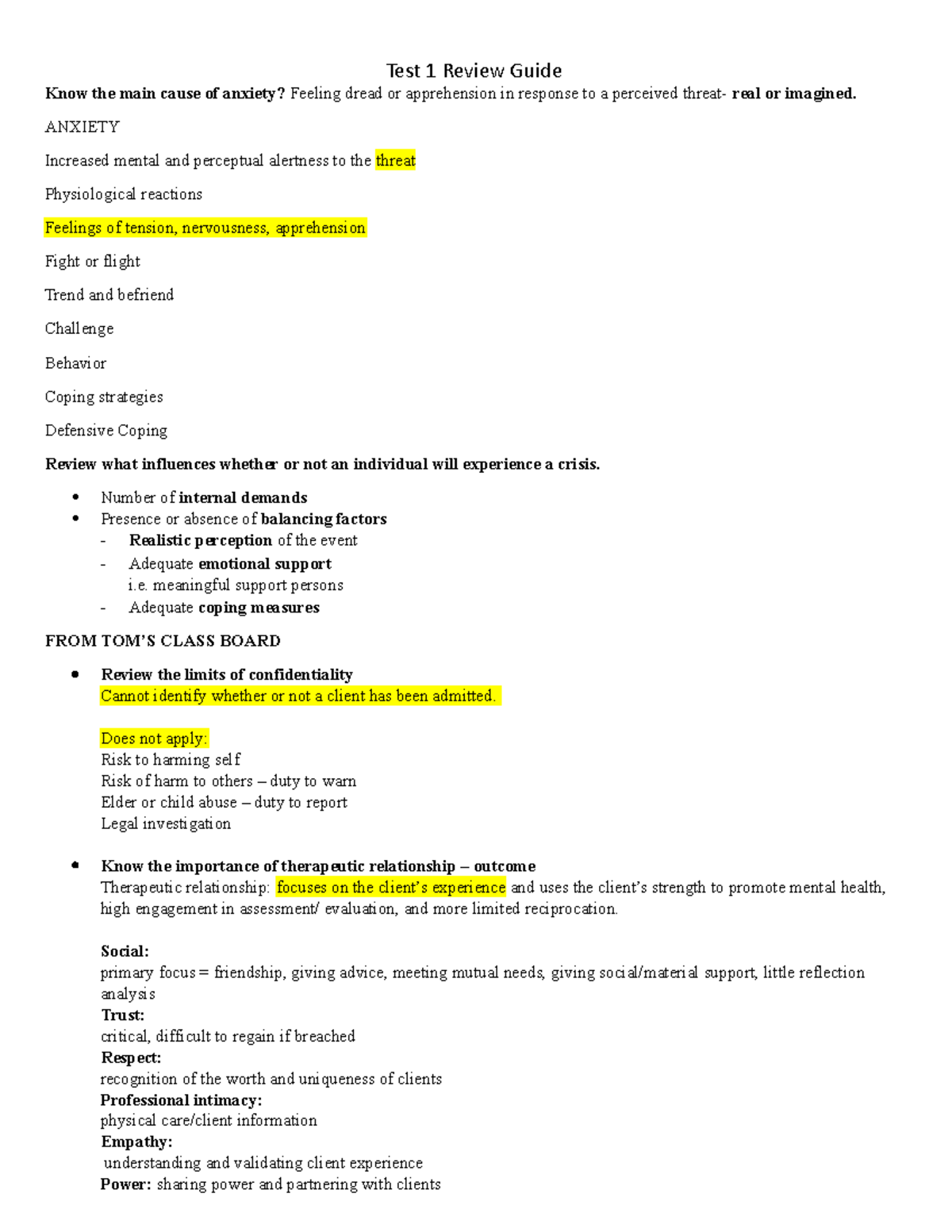 Test 1 Review Guide - Know the main cause of anxiety? Feeling dread or ...