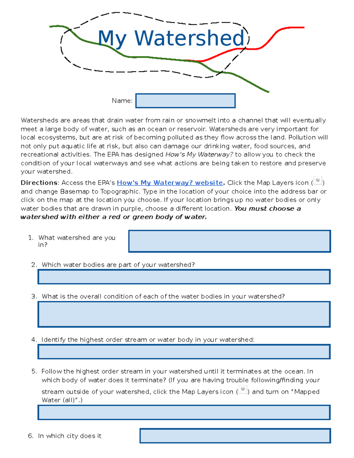 Watershed Activity-MY Watershed - Name: Watersheds are areas that drain ...