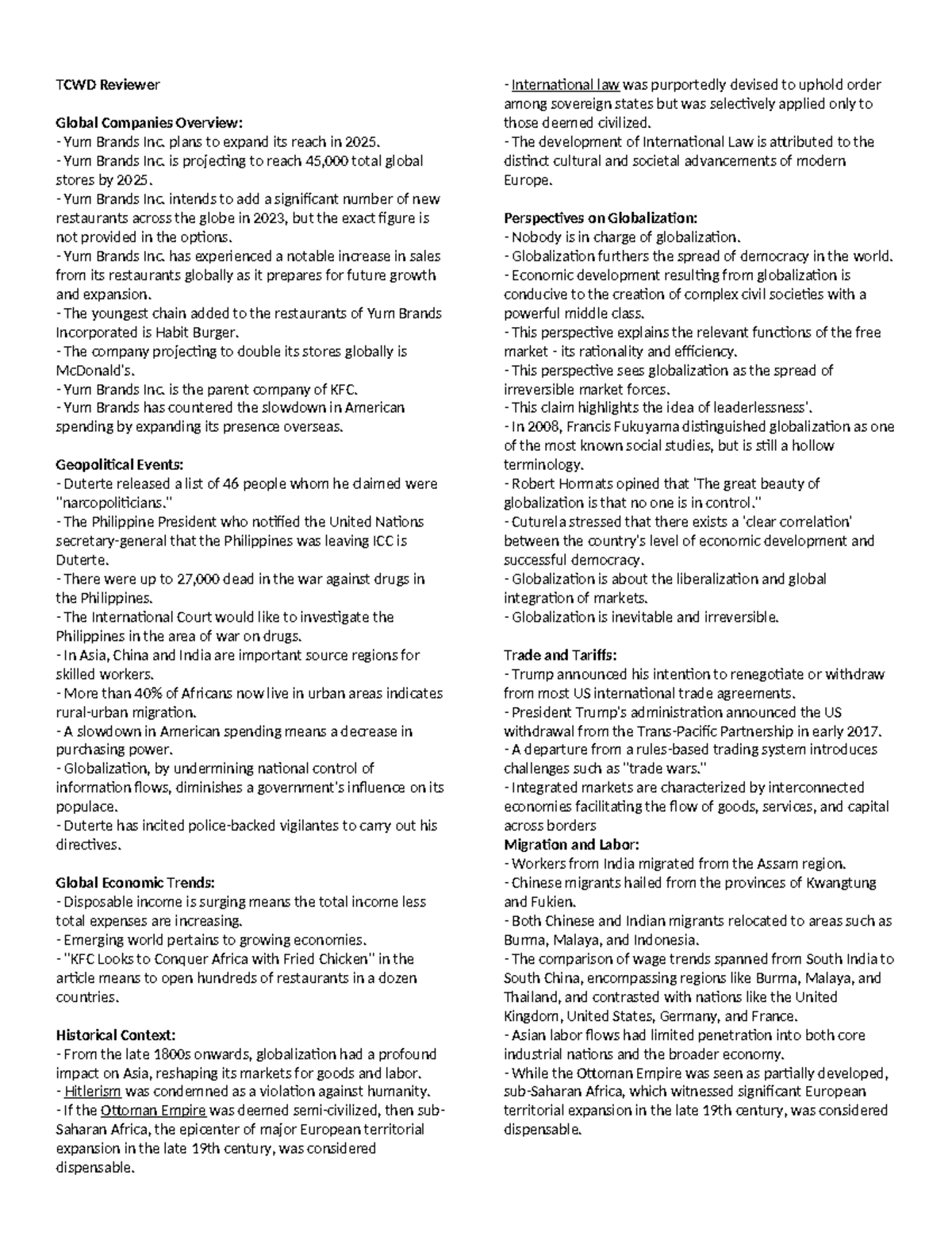 Reviewer-TCWD-Prelims - TCWD Reviewer Global Companies Overview: Yum ...