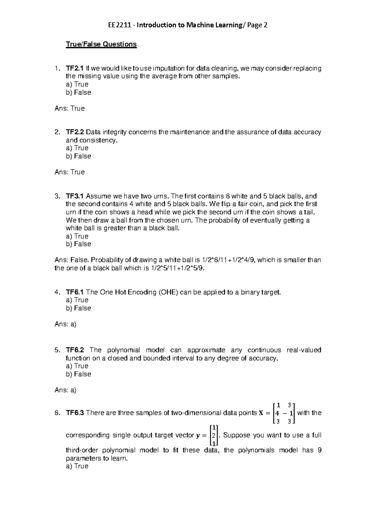 EE2211 Past Paper Ans - True/False Questions TF2 If we would like to ...