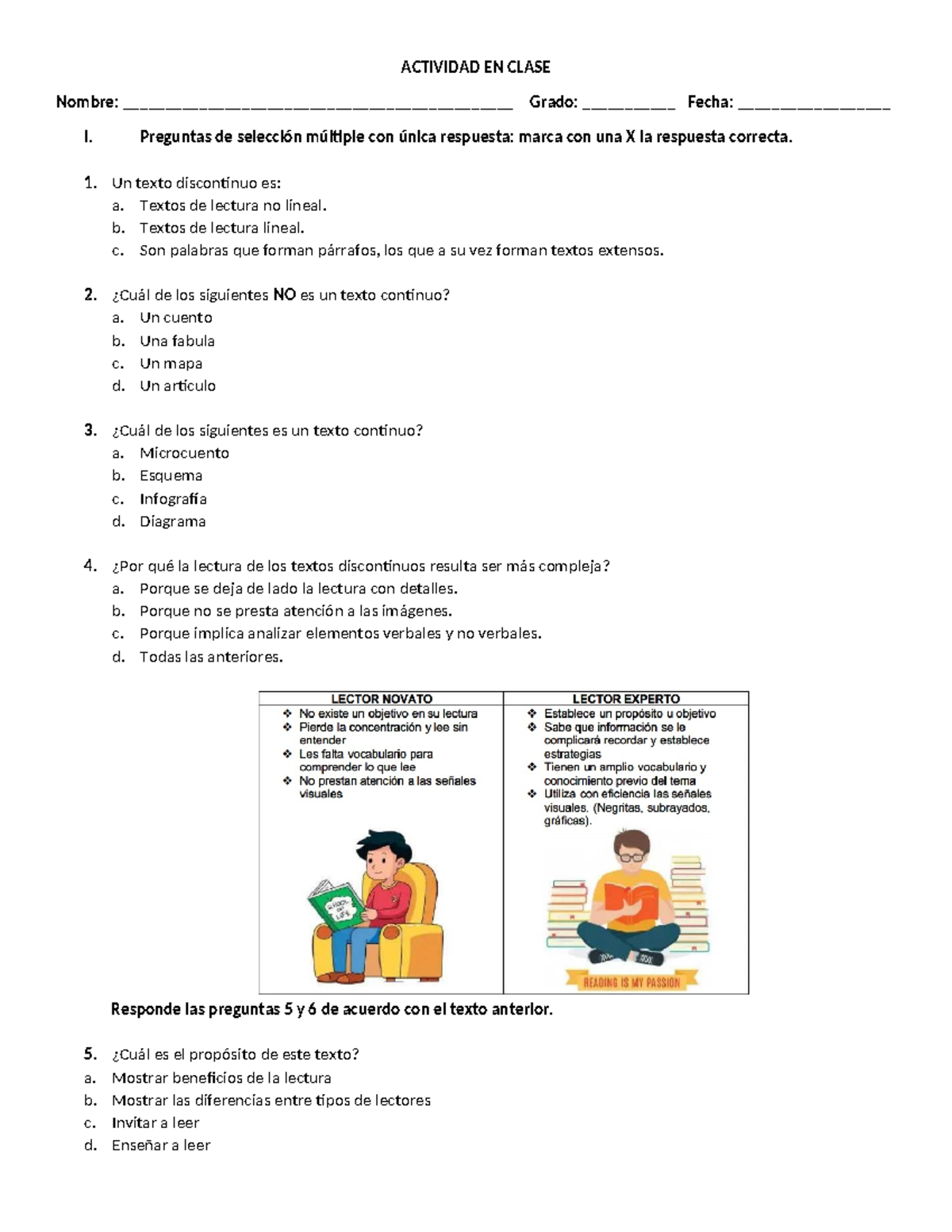 Taller textos discontinuos y continuos - ACTIVIDAD EN CLASE Nombre ...