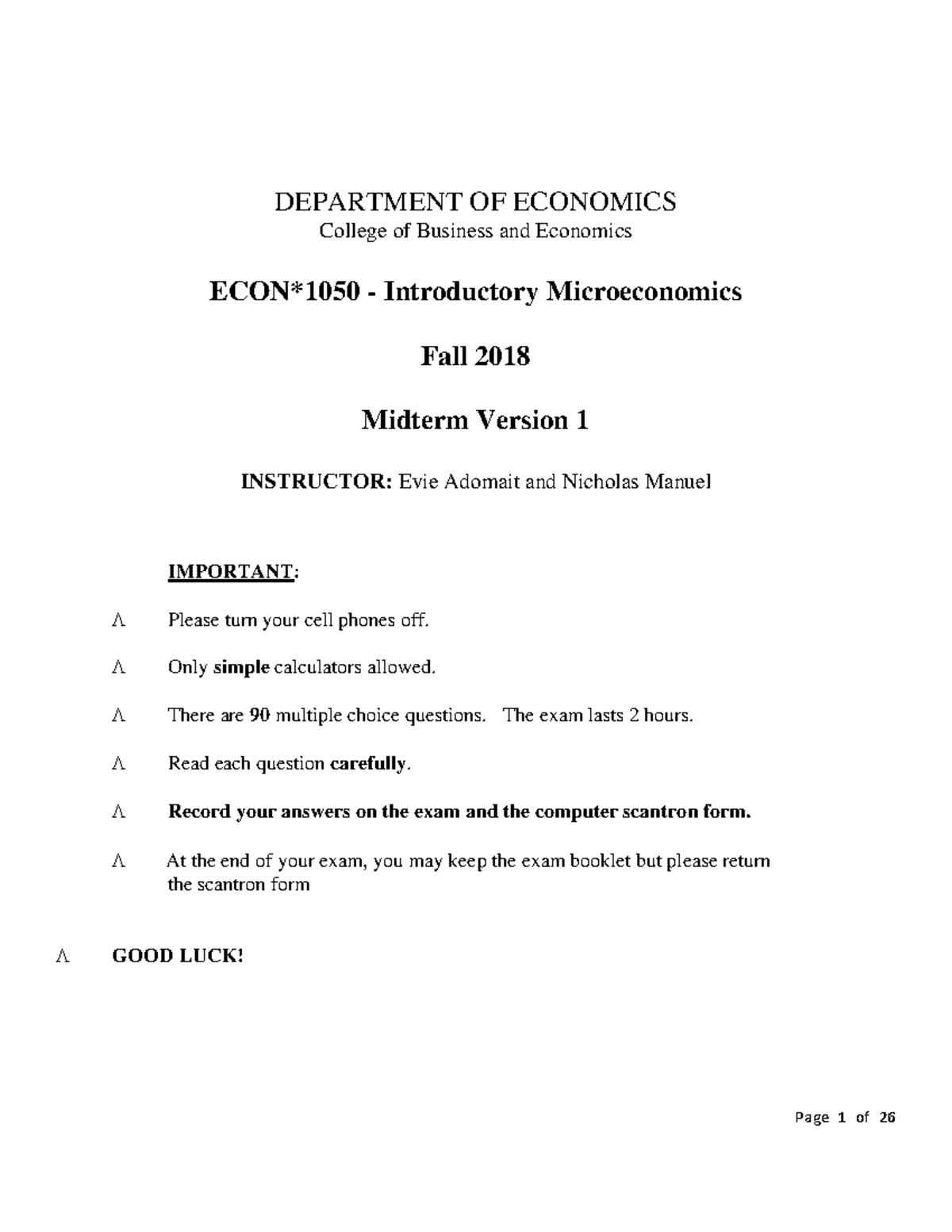 Econ1050 midterm f18 v1 with answers - DEPARTMENT OF ECONOMICS College ...