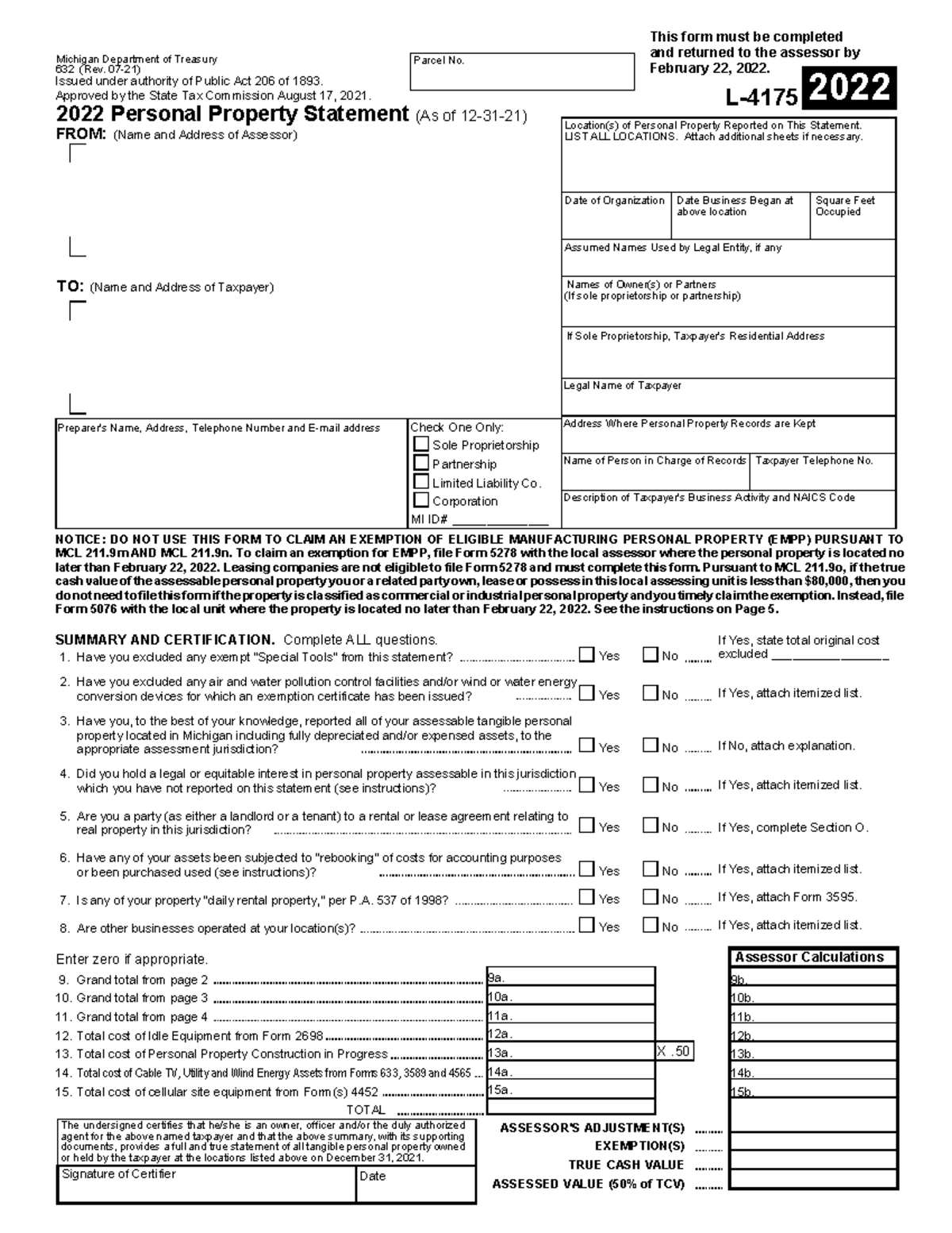 Personal property statement - This form must be completed Michigan ...