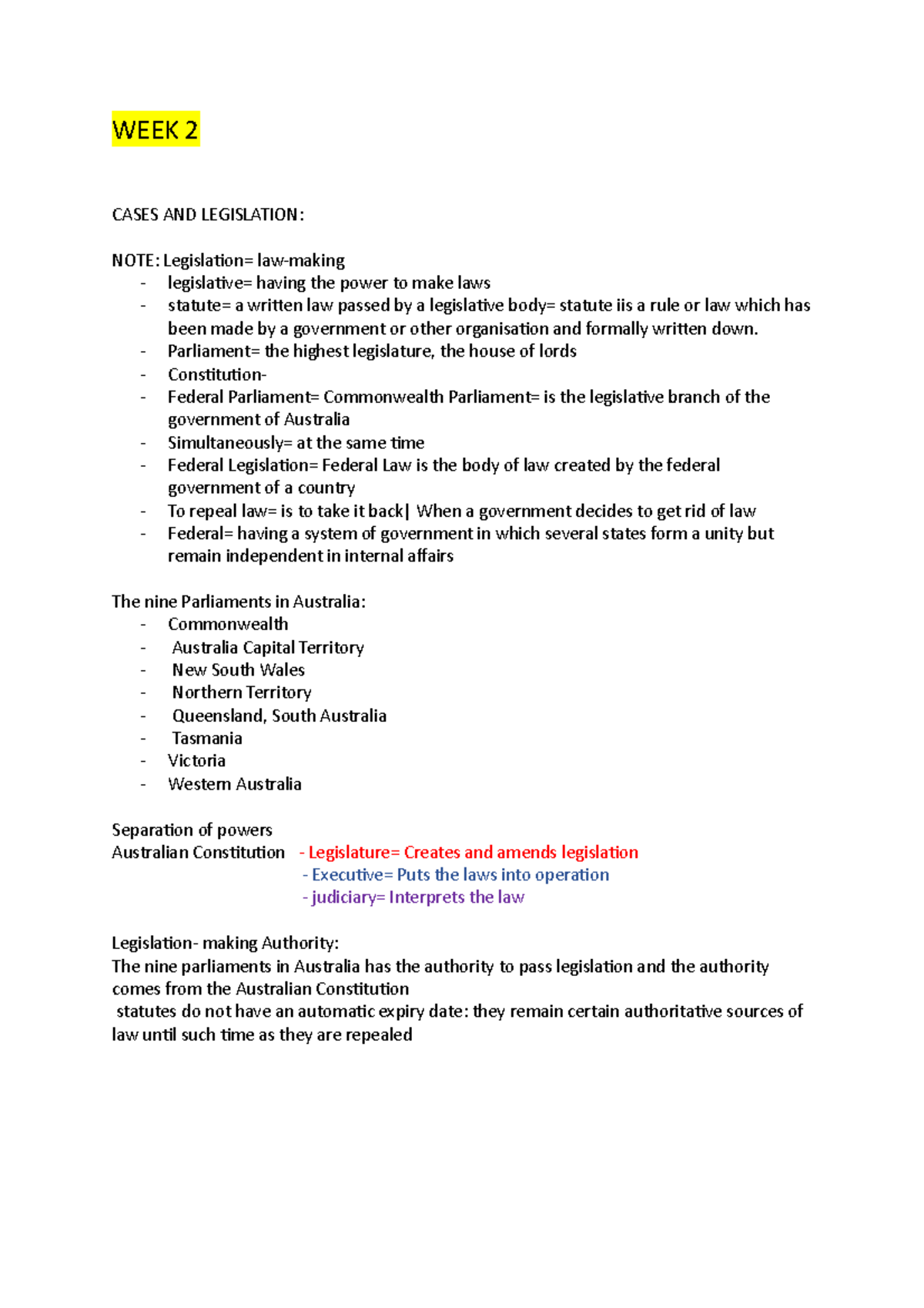 WEEK 2 - week 2 lecture notes - WEEK 2 CASES AND LEGISLATION: NOTE ...