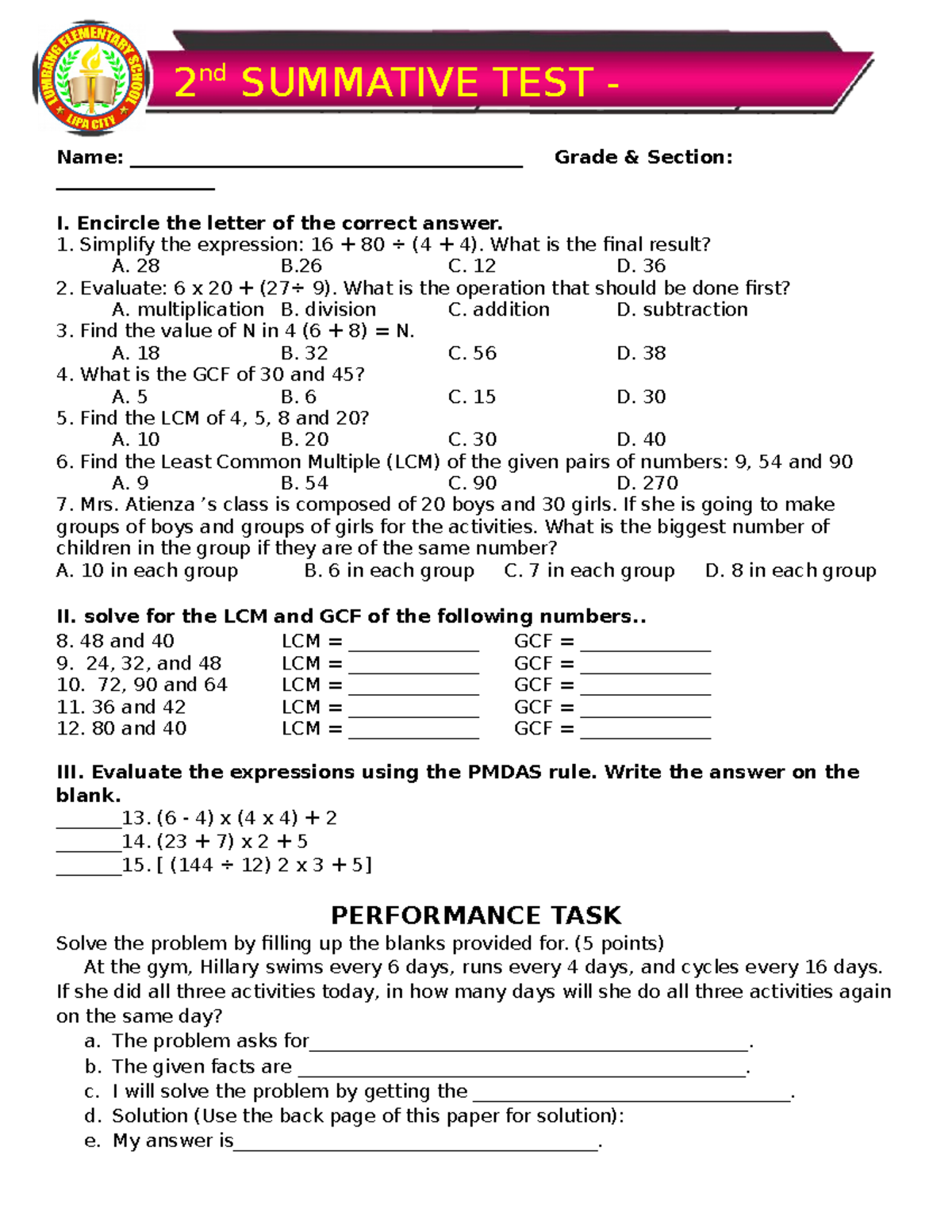 MATH 5 2ND Summative - teacher-made files - Name