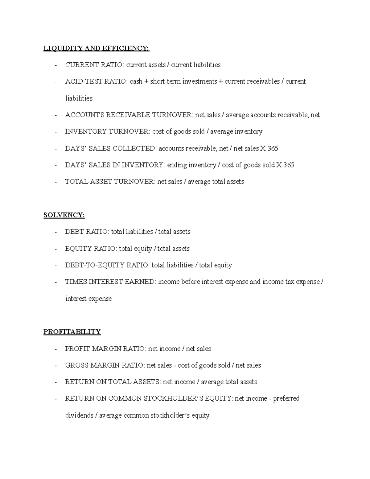 AC-203 Chapter 13 Cheat Sheet - LIQUIDITY AND EFFICIENCY: CURRENT RATIO ...
