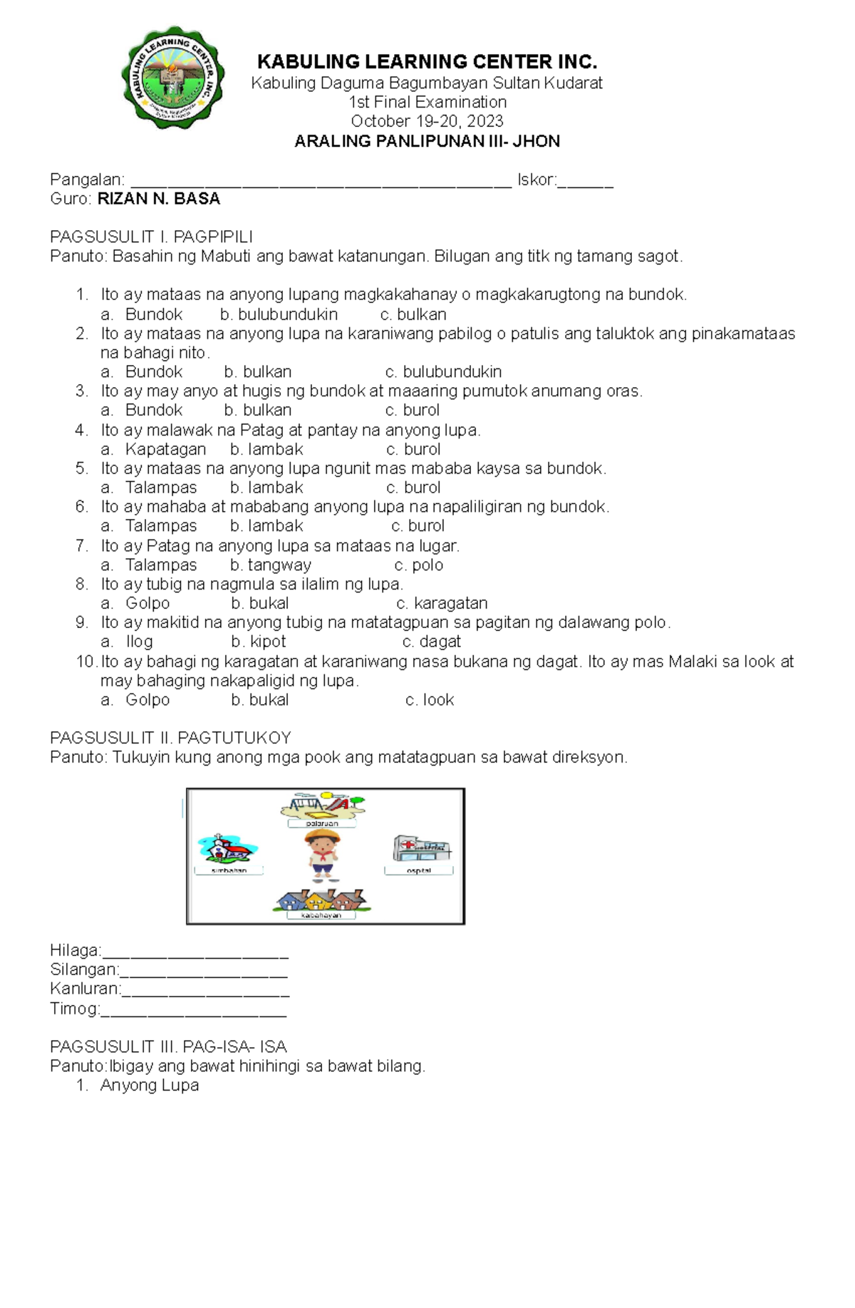 A.pan 3 final - exam in grade 3 - KABULING LEARNING CENTER INC ...