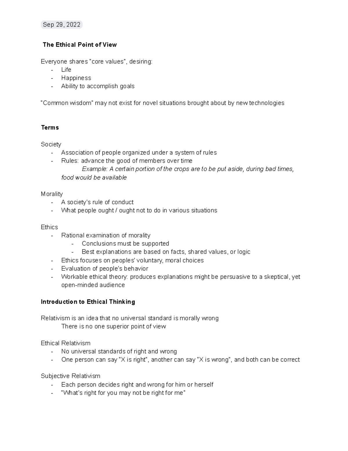 IS350 - Workable Ethical Theories - Sep 29, 2022 The Ethical Point of ...