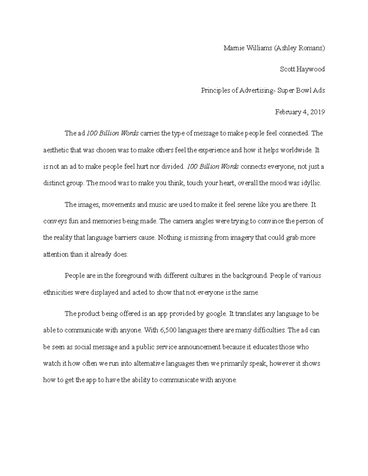 Super Bowl Assignment Principles of Advertising ADS - Marnie Williams ...