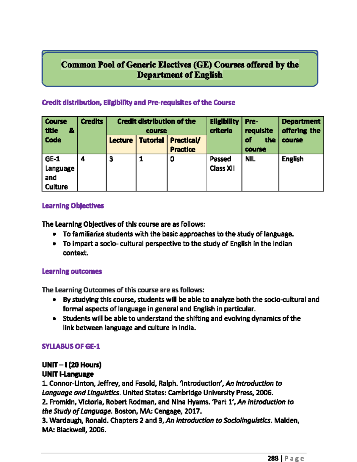 Ge language and culture - Common Pool of Generic Electives (GE) Courses offered the Department ...