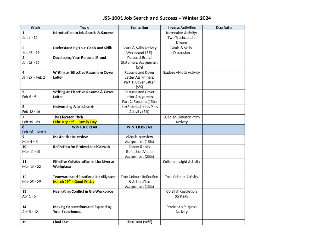 JSS-1001 Job Search and Success Course Schedule W24 - JSS-1001 Job ...