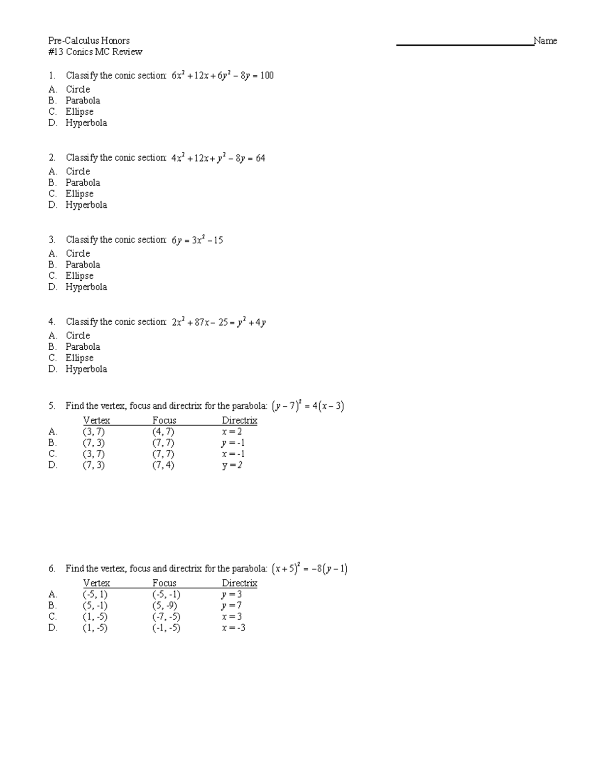 #13 Conics MC Review - Pre-Calculus Honors Name #13 Conics MC Review ...