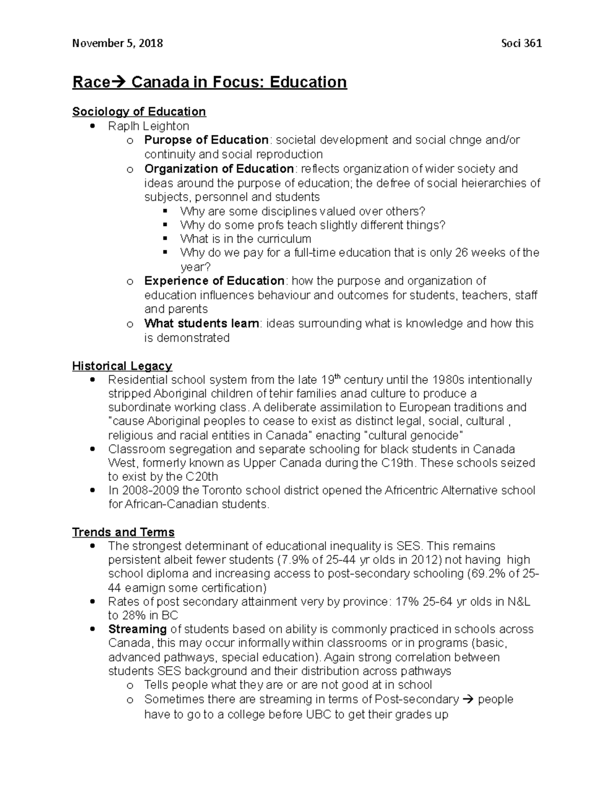 Sociology 361 Race in Canada: Education - November 5, 2018 Soci 361 ...