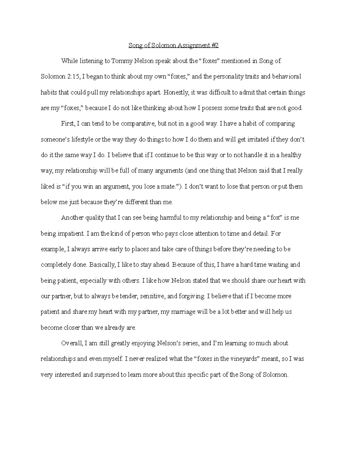 Song of Solomon Assignment #2 - Honestly, it was difficult to admit ...